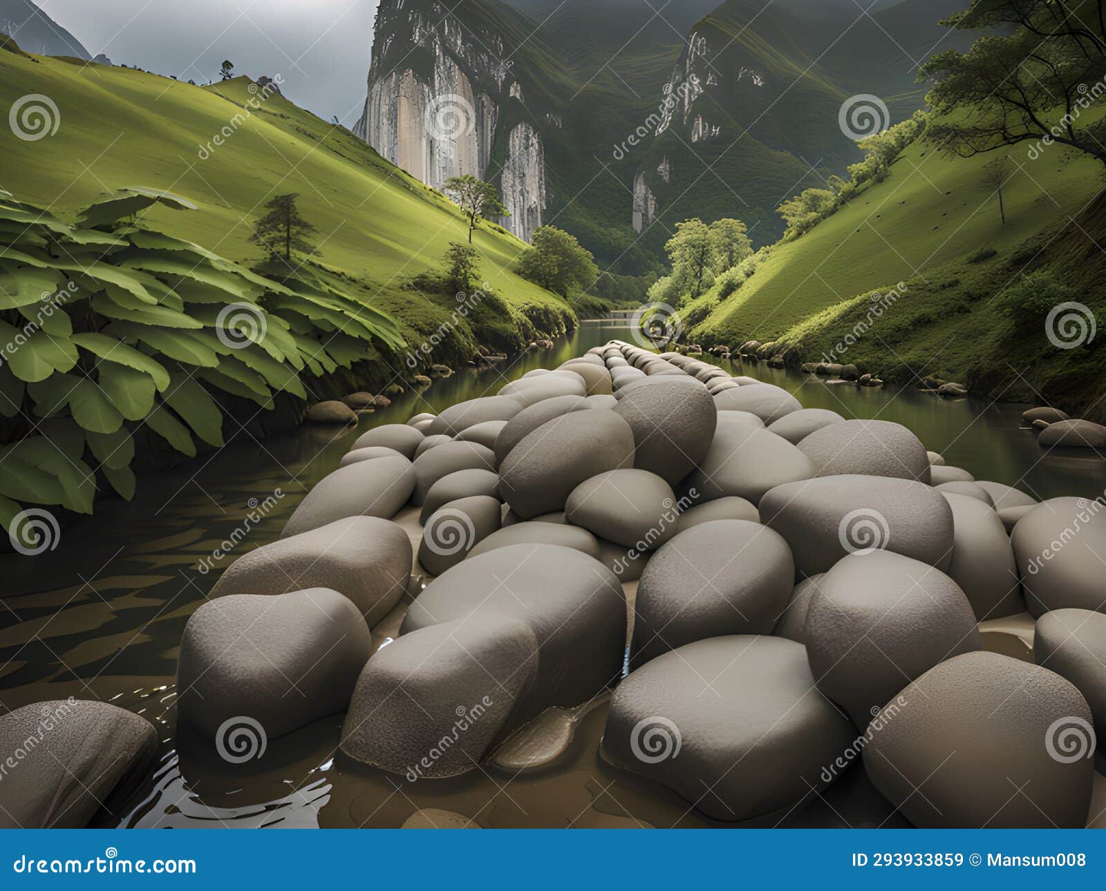 Beautiful Landscape with River and Stone Stock Illustration ...