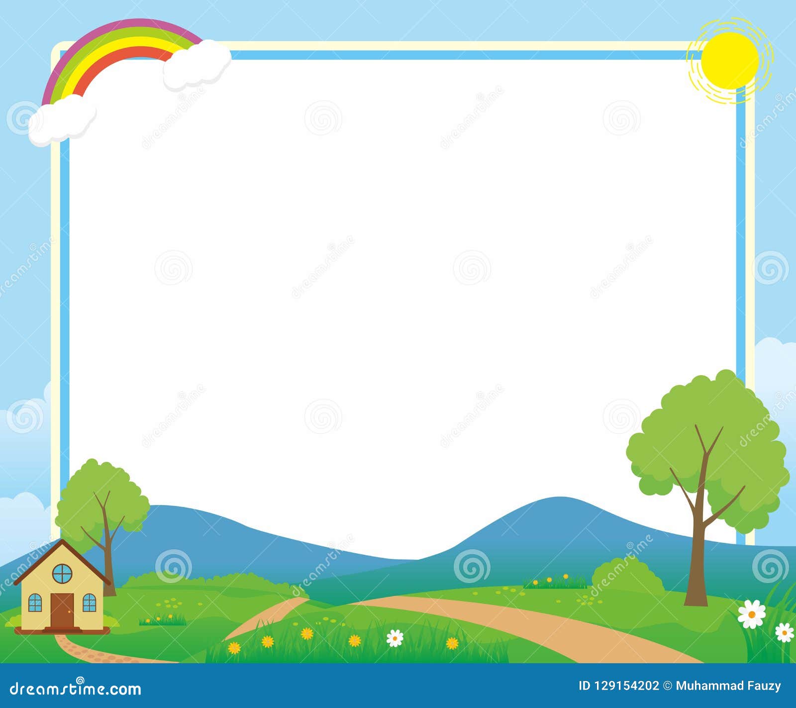 Beautiful Landscape Vector Frame Background with, Rainbow, Green Meadow ...