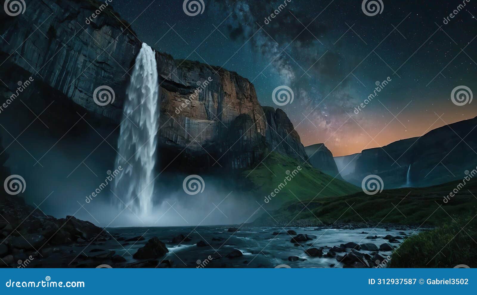 Waterfall at Night Under the Starry Sky Stock Illustration ...
