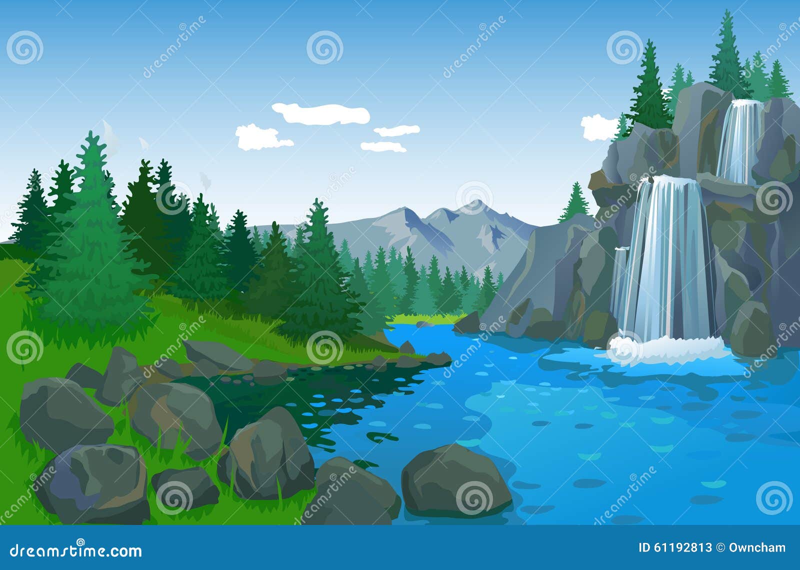 Beautiful Landscape with Waterfall Stock Vector - Illustration of grass ...