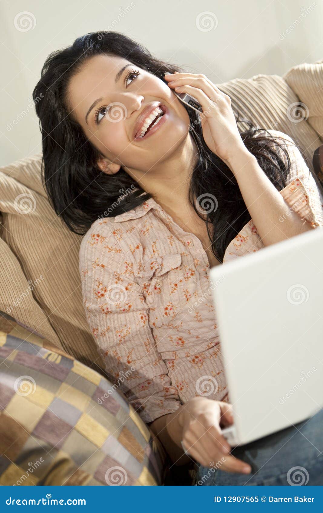 Beautiful Latin Woman On Cell Phone And Laptop Stock Image Image Of