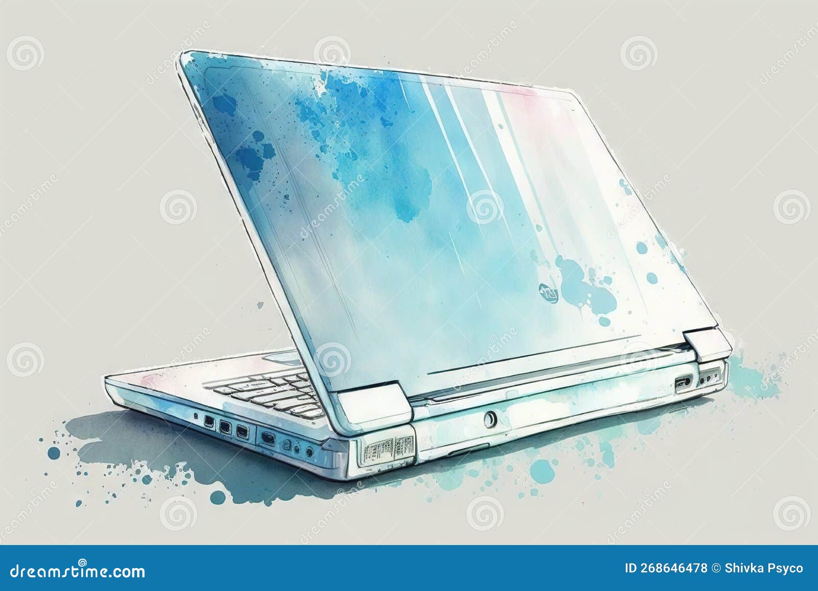 Beautiful Light Blue Laptop Watercolor Stock Photo - Image of sketch ...