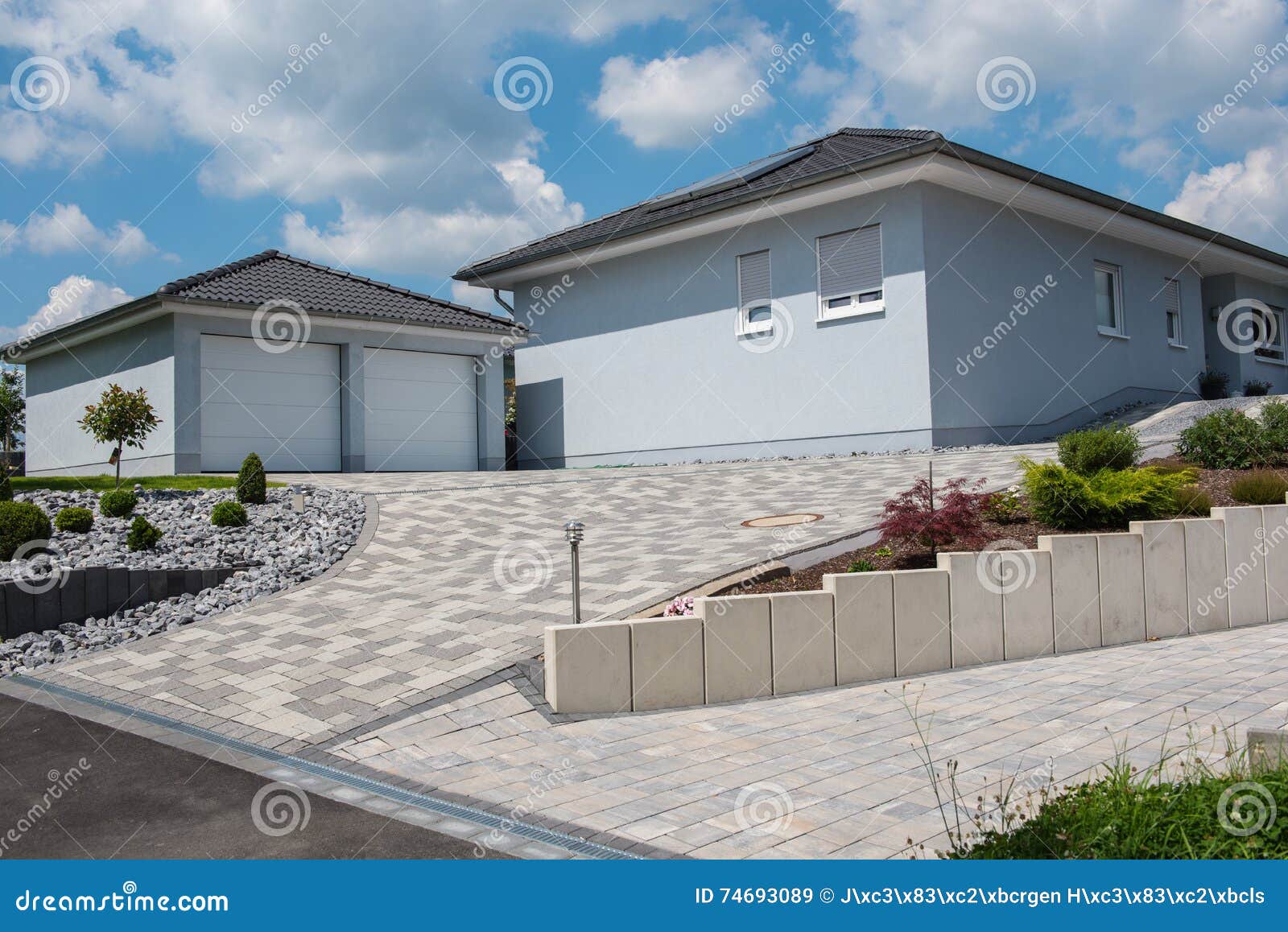 Beautiful Light Blue Prefabricated House with Double Garage Stock Image ...