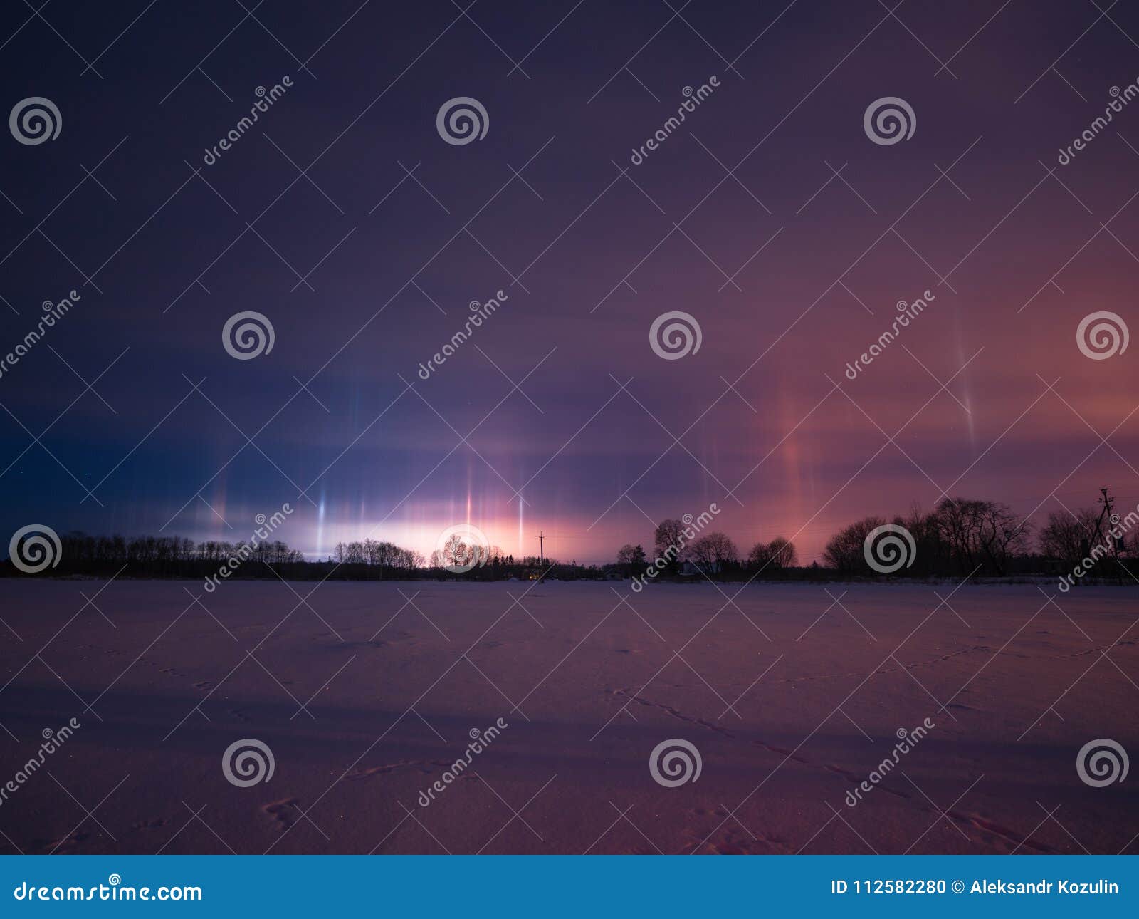 Beautiful Light Pillars in the Winter. Stock Photo - Image of show ...
