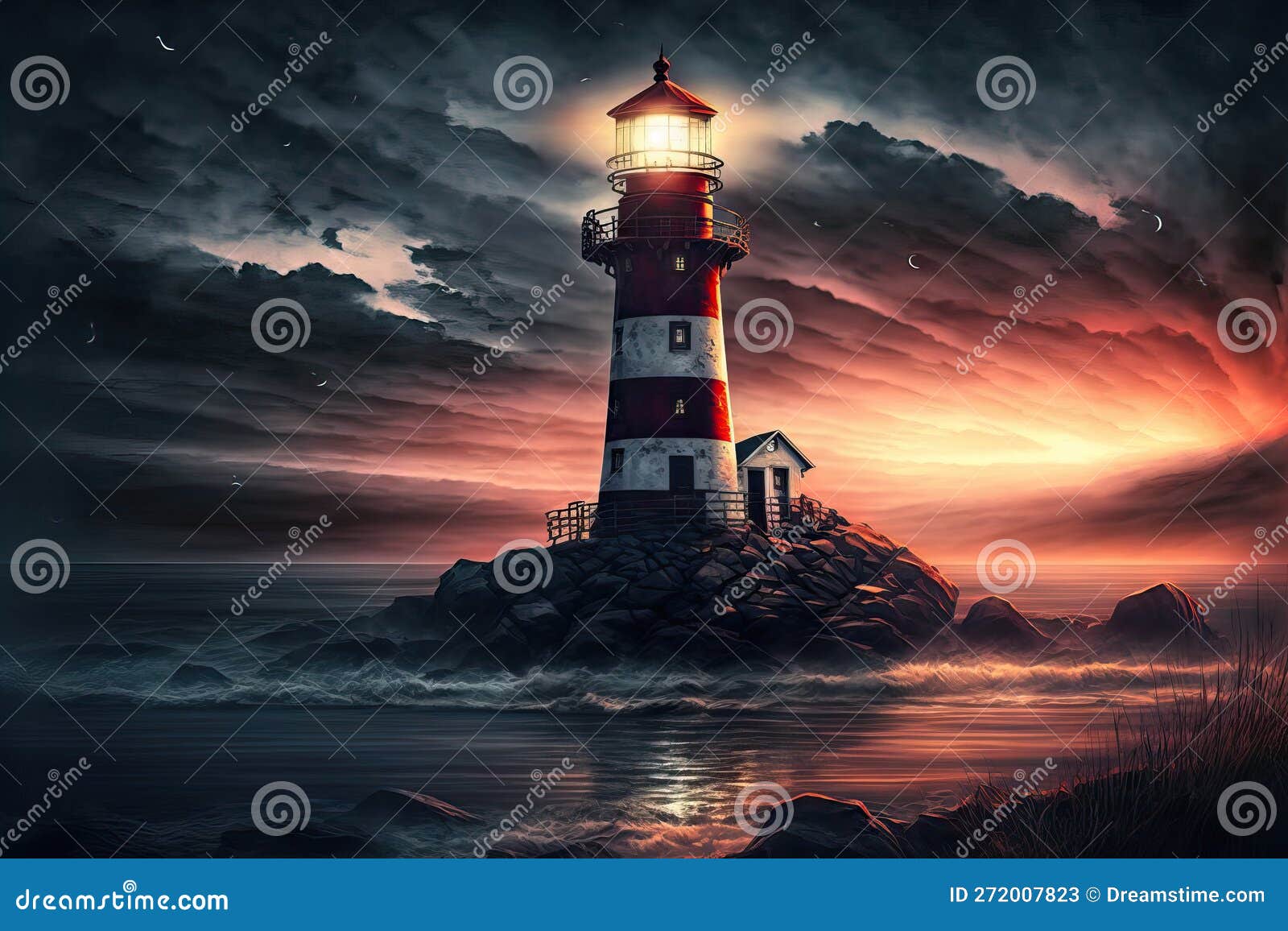 Beautiful Lighthouse Sailboat Anchored In The Group Of Watercolor Hand ...