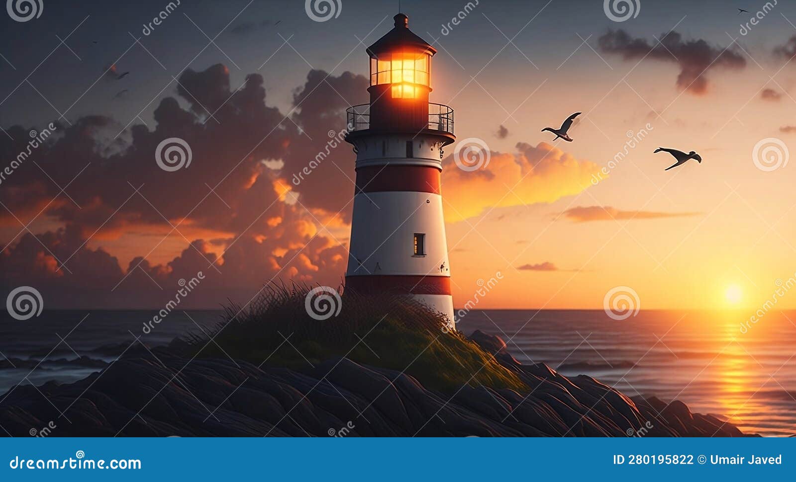 Beautiful Lighthouse by the Ocean with Sunset Stock Illustration ...