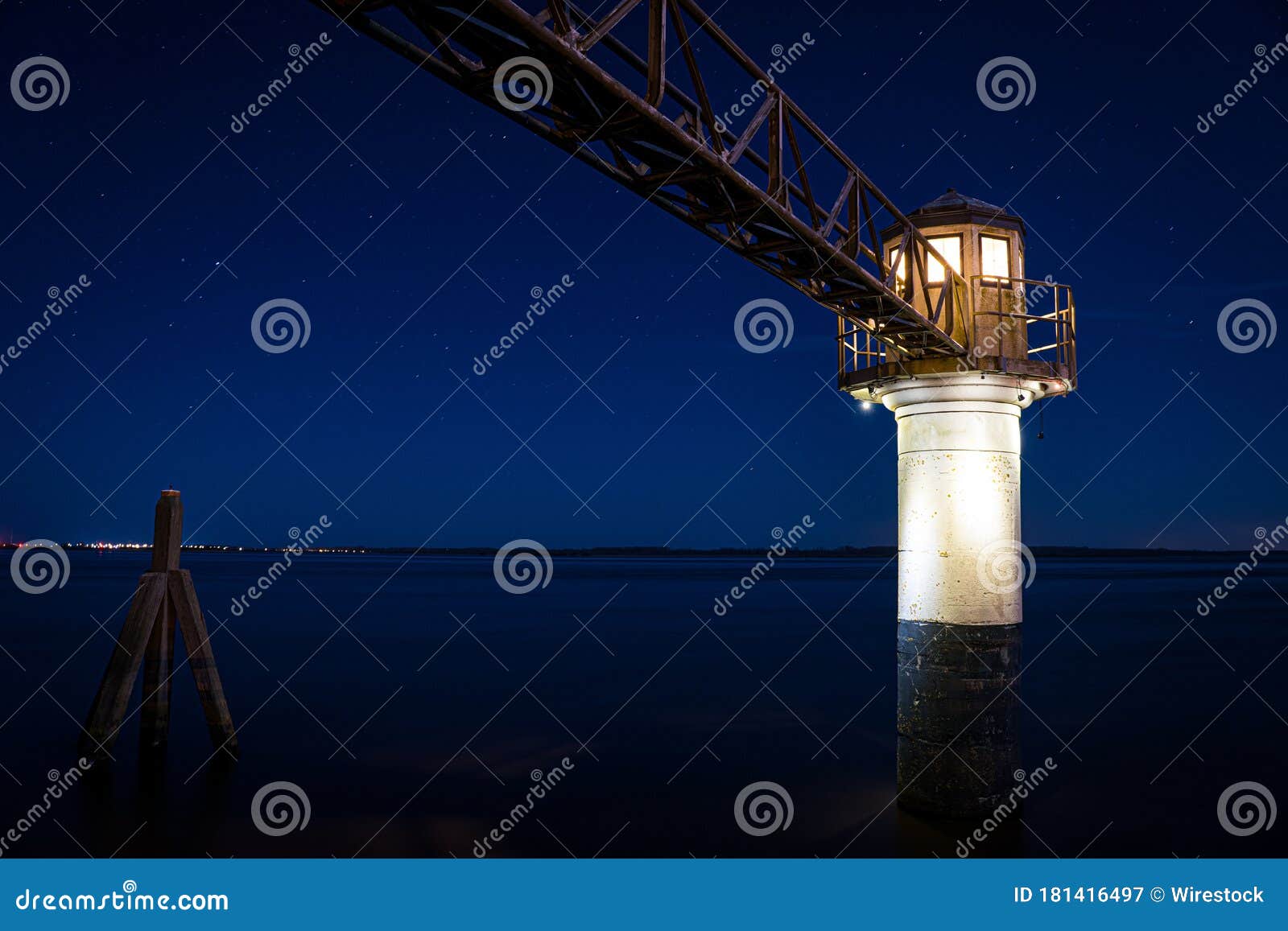 Beautiful Lighthouse with Wooden Stairs at Night Stock Image - Image of ...