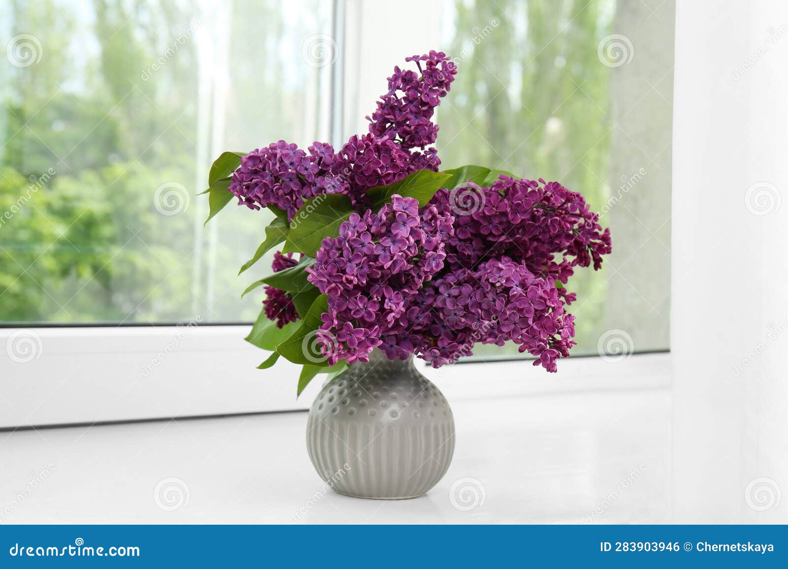 Beautiful Lilac Flowers in Vase on Windowsill Stock Photo - Image of ...