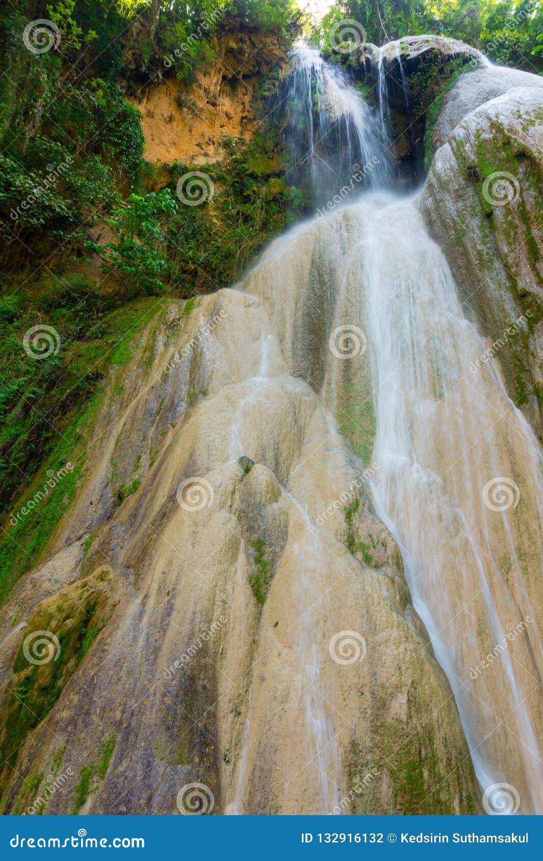 Limestone Waterfall in Green Forest Stock Photo - Image of green ...