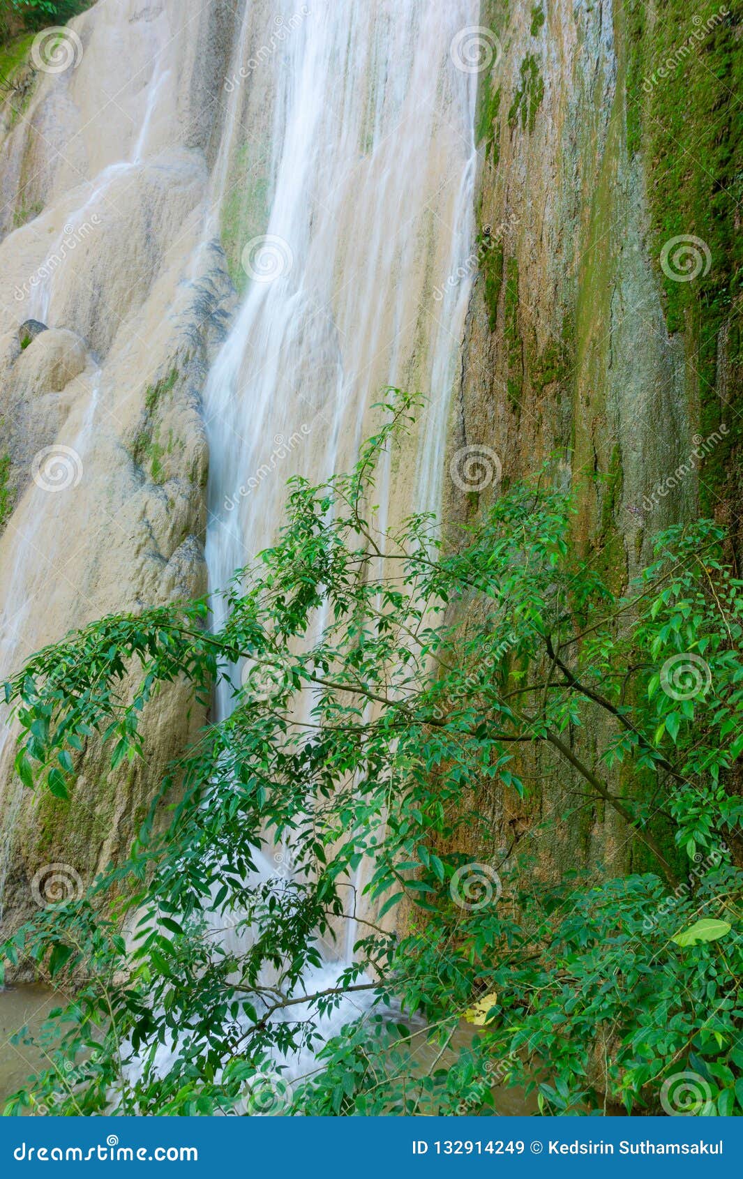 Limestone Waterfall in Green Forest Stock Image - Image of soft ...