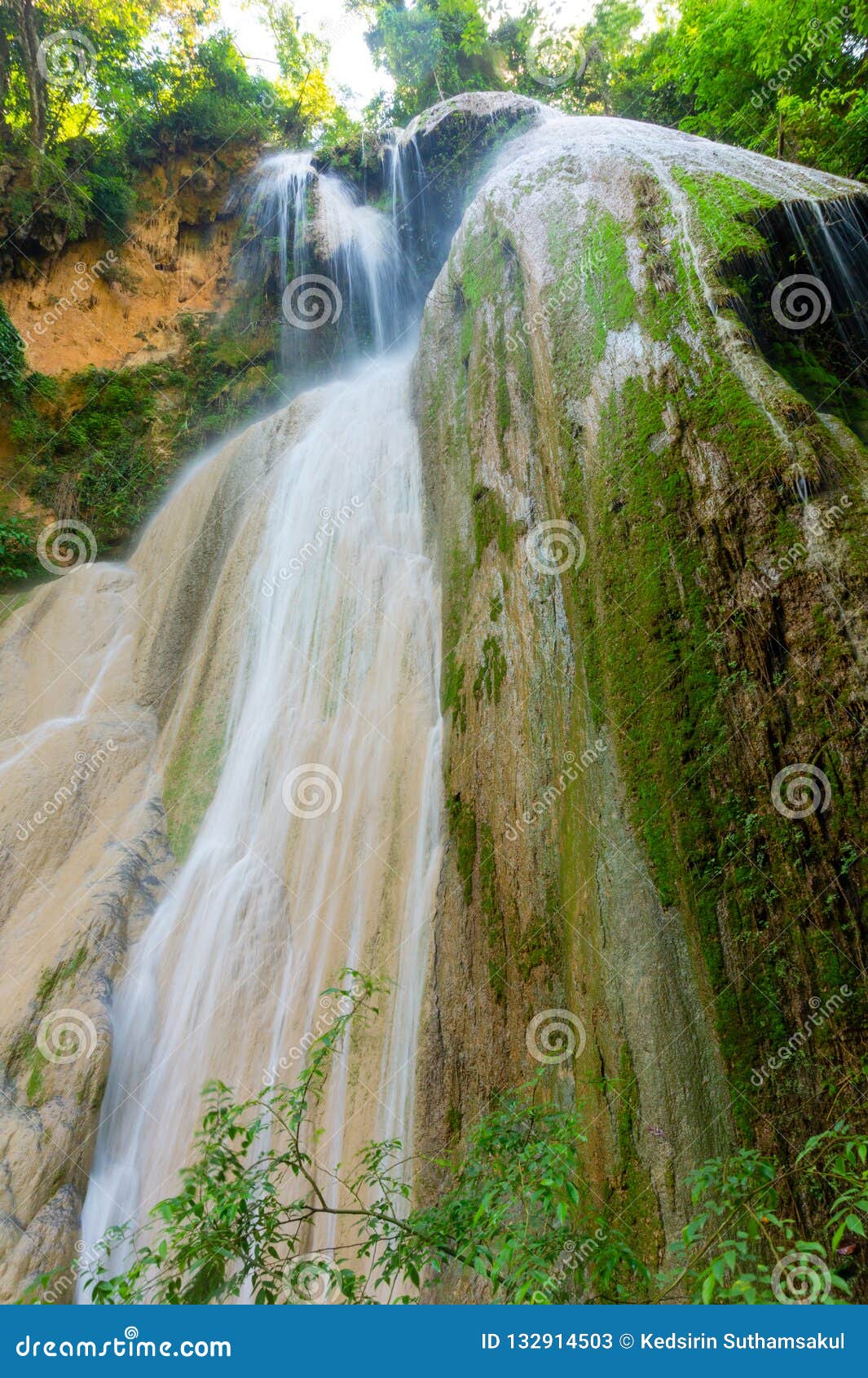 Limestone Waterfall in Green Forest Stock Image - Image of waterfall ...