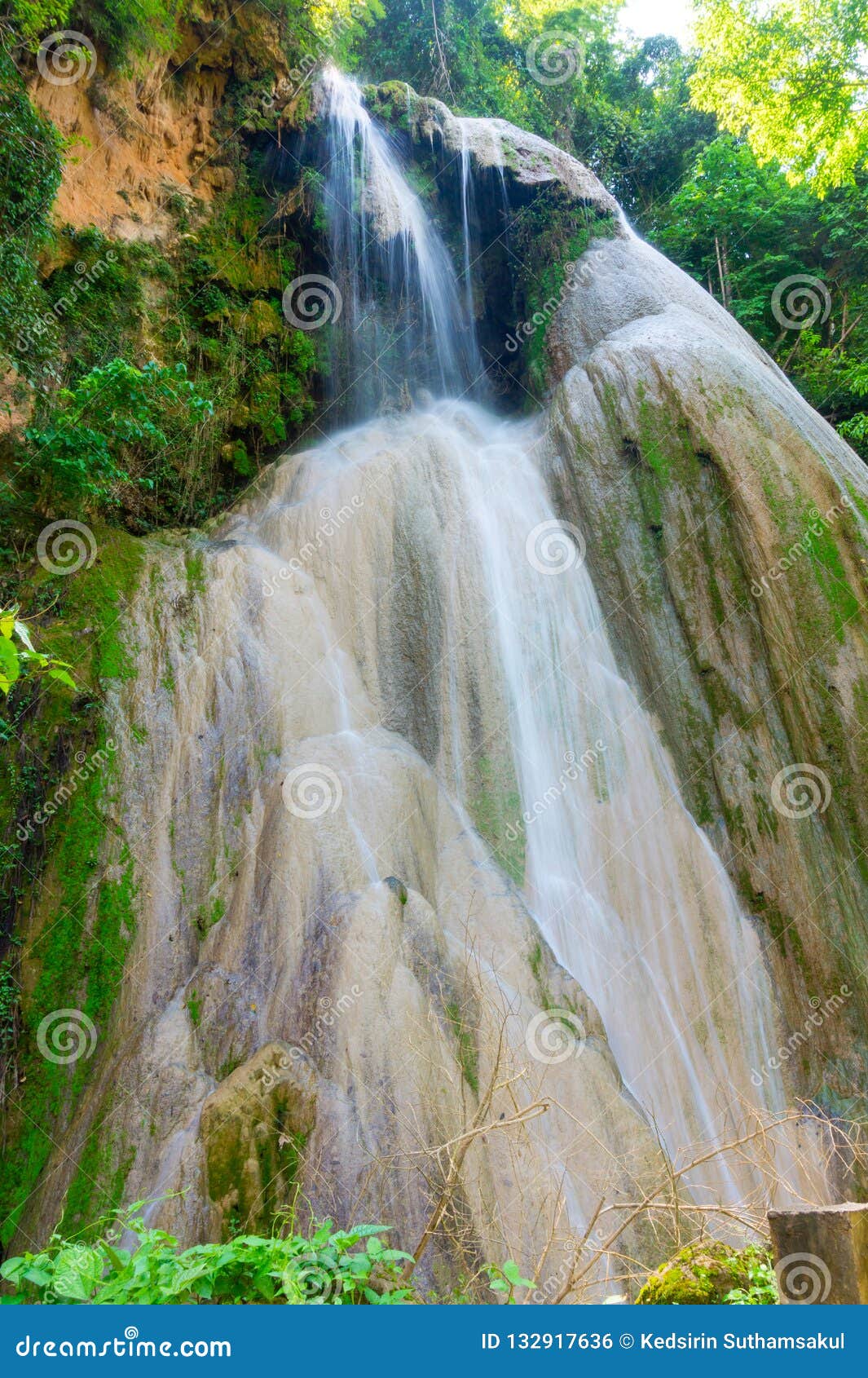Limestone Waterfall in Green Forest Stock Photo - Image of water ...