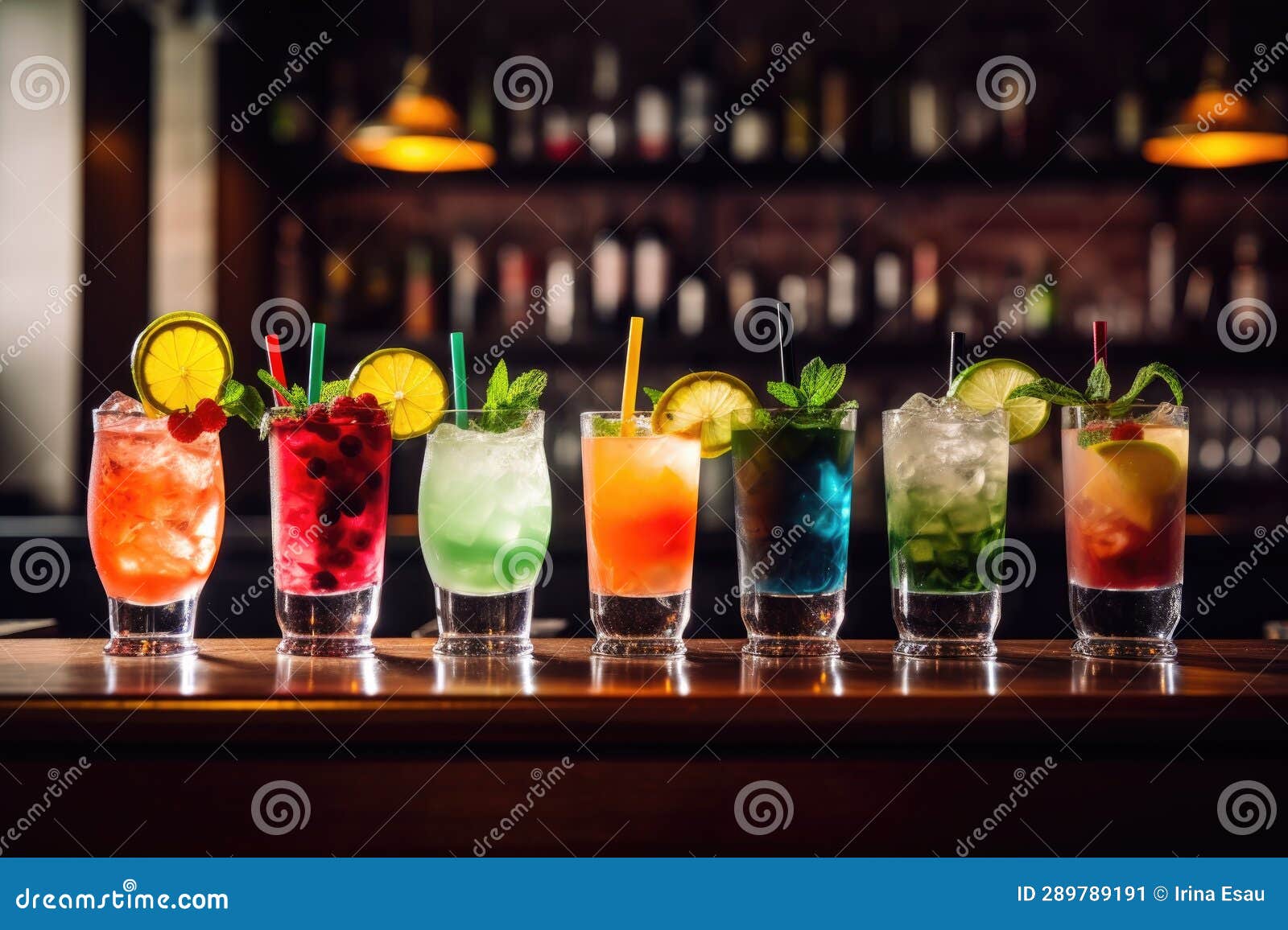 Beautiful Line Of Colorful Alcoholic Cocktails In A Nightclub Bar Stock