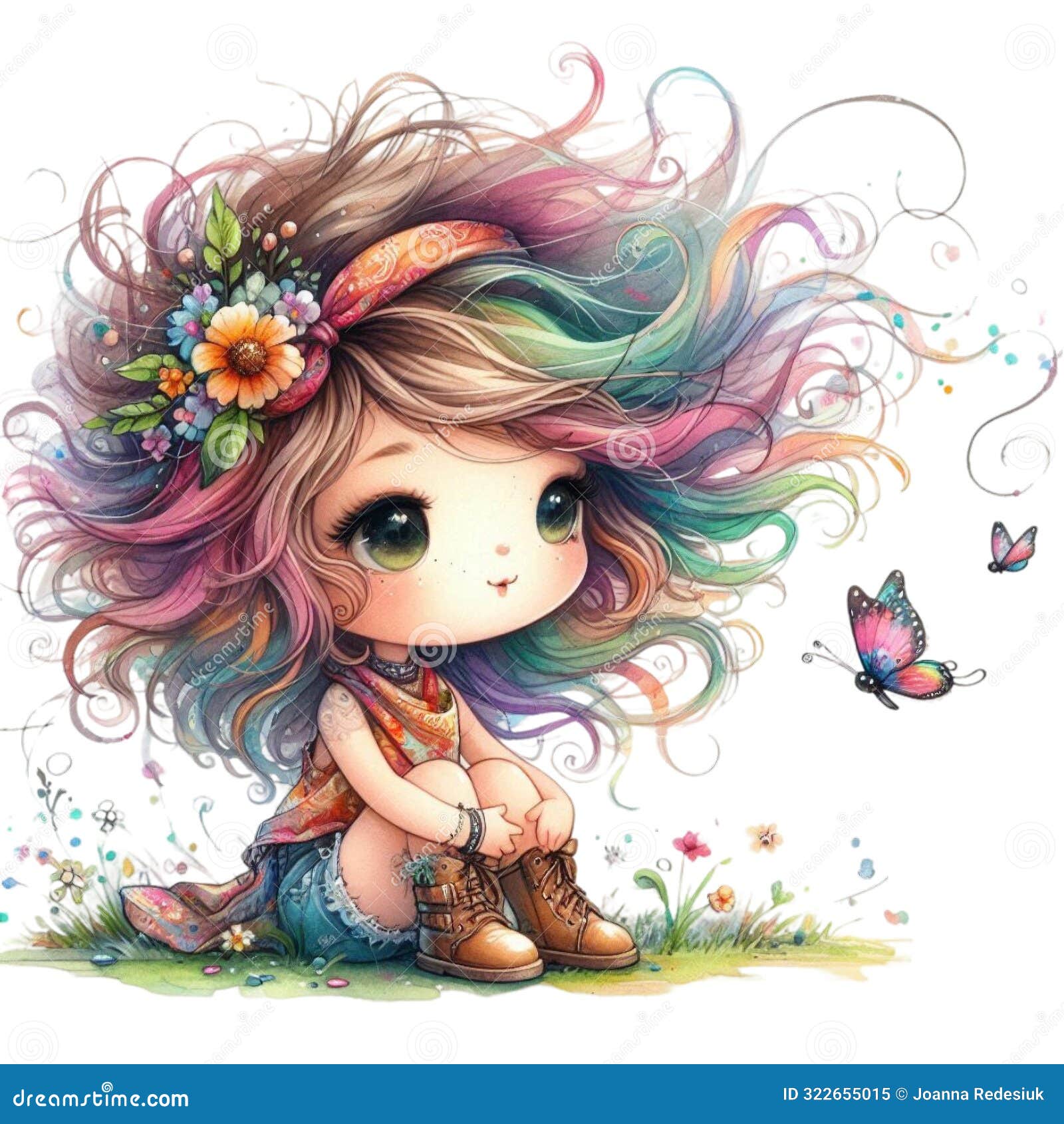 Little Boho Chibi Girl with Butterfly Stock Image - Illustration of ...