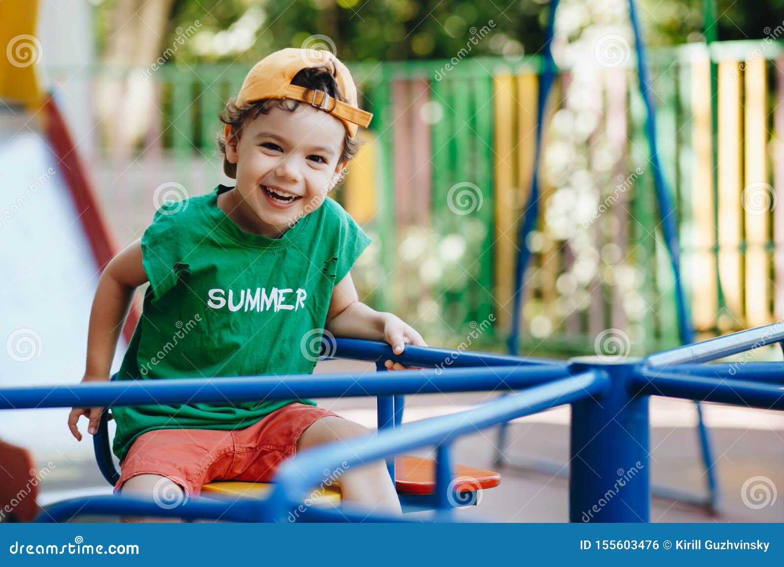 Beautiful Little Boy Spinning on a Summer Swing with Space for Text ...