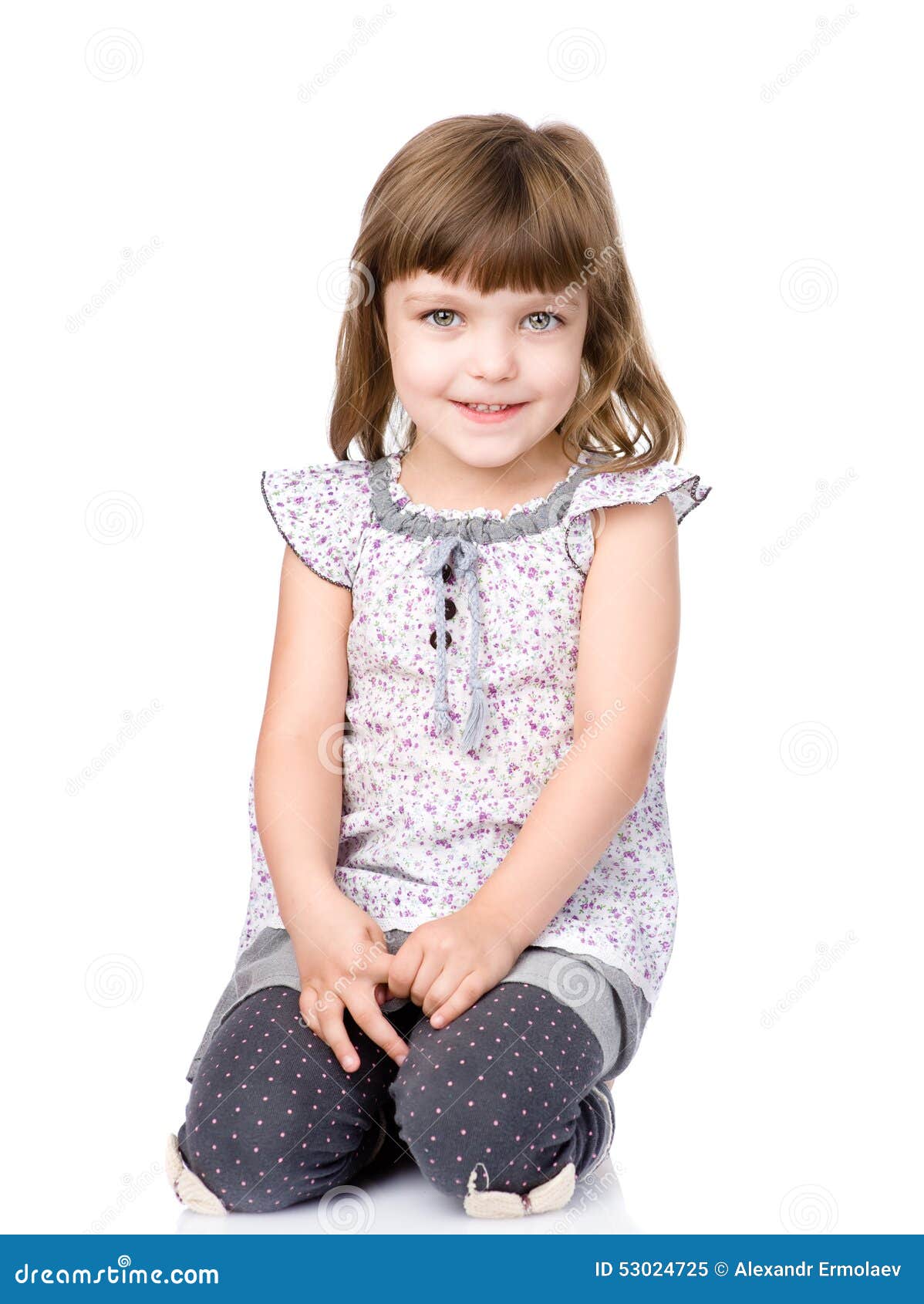 Beautiful Little Girl Sitting in Front. on White Stock Image - Image of ...