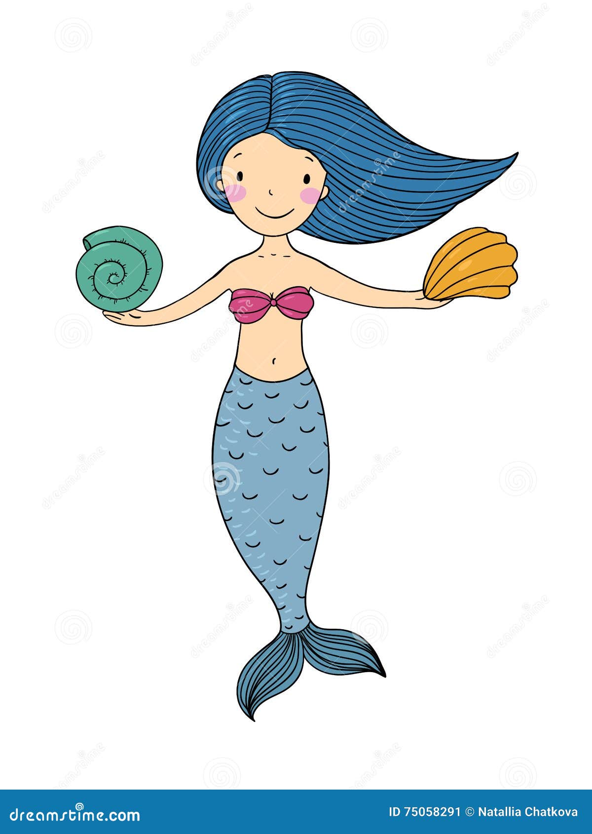 Beautiful Little Mermaid with Shells. Stock Vector - Illustration of ...