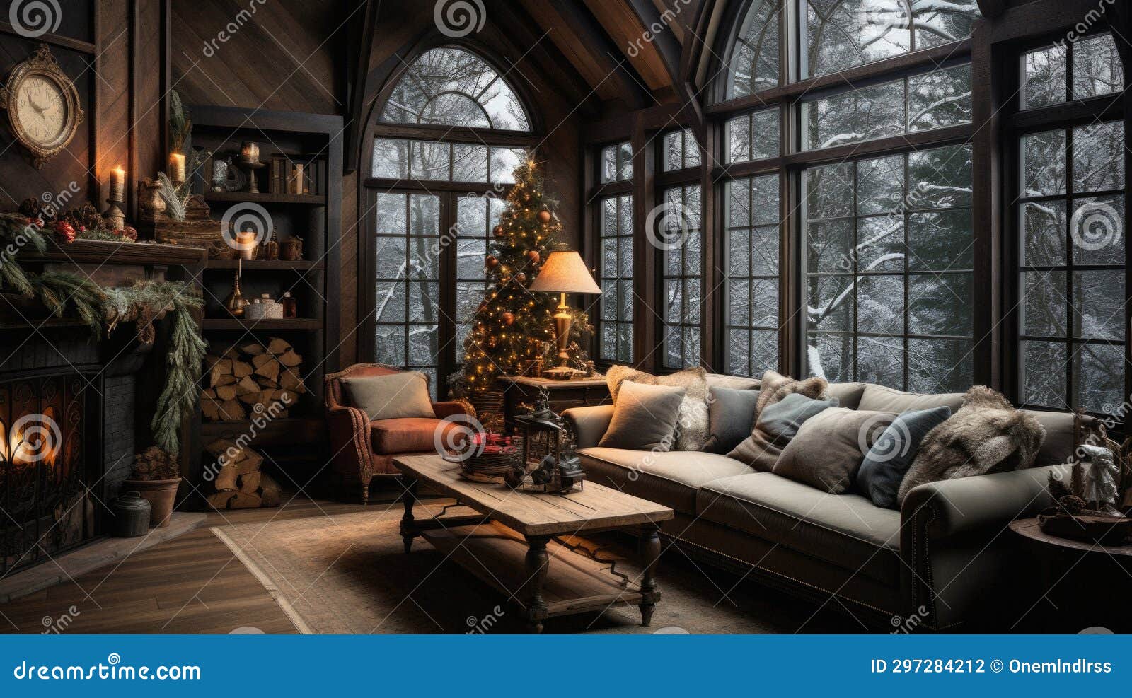 Beautiful Living Room with Christmas Tree and Fireplace . Stock Photo ...