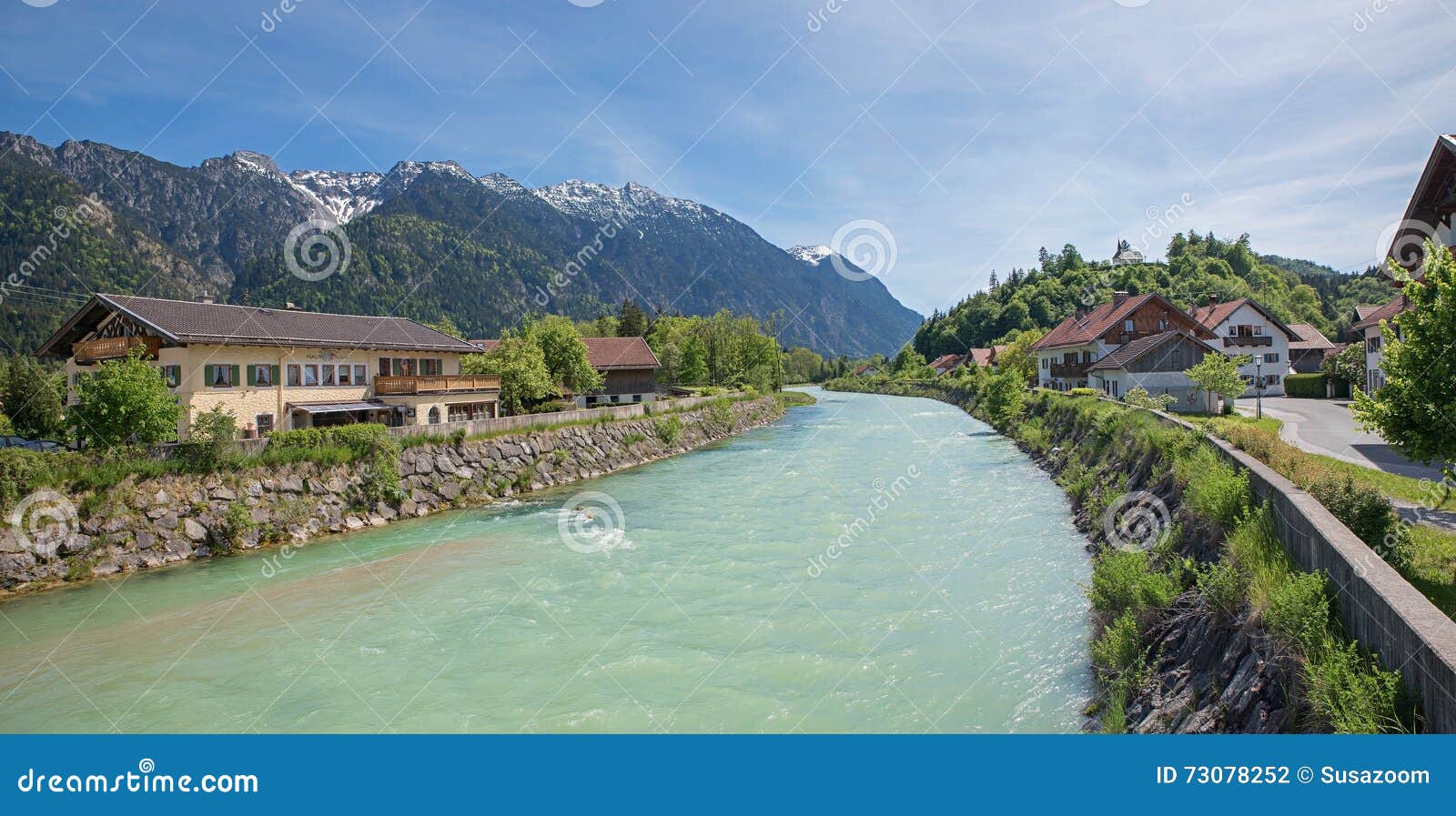 Beautiful Loisach River and Bavarian Alps Stock Photo - Image of house ...