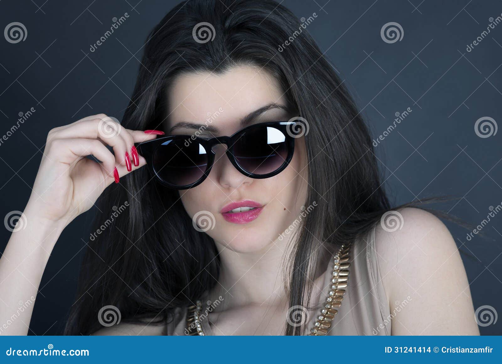 Beautiful Long Hair Brunette Woman Wearing Sunglasses Portrait Stock