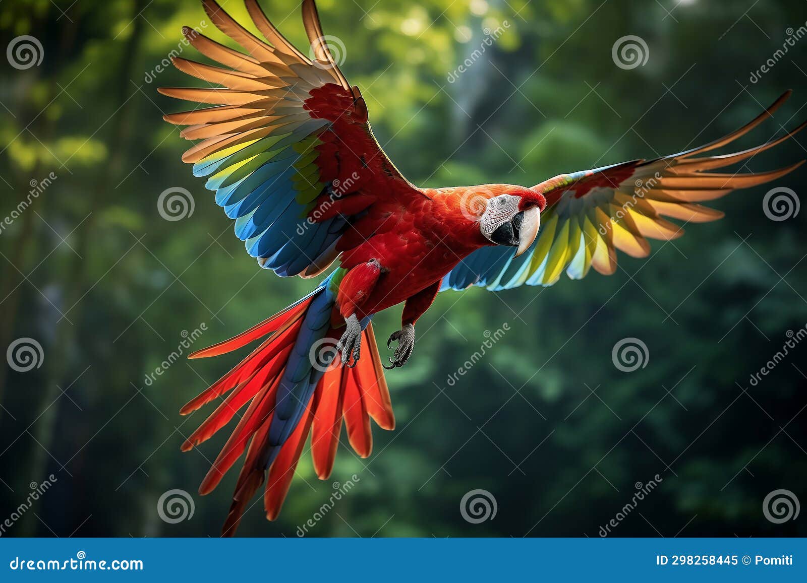 Beautiful Macaw Flying in Tropical Forest. Generative AI Stock ...