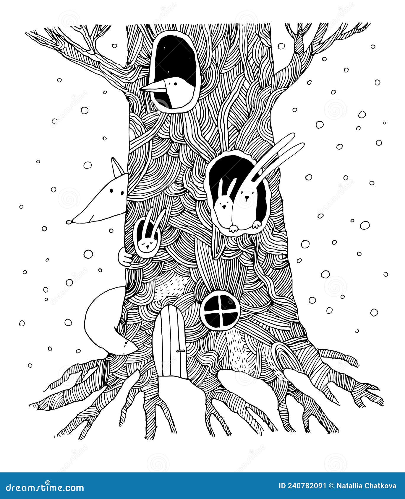 A Beautiful Magic Tree. Fox and Hares in Hollows. Winter Day Stock ...