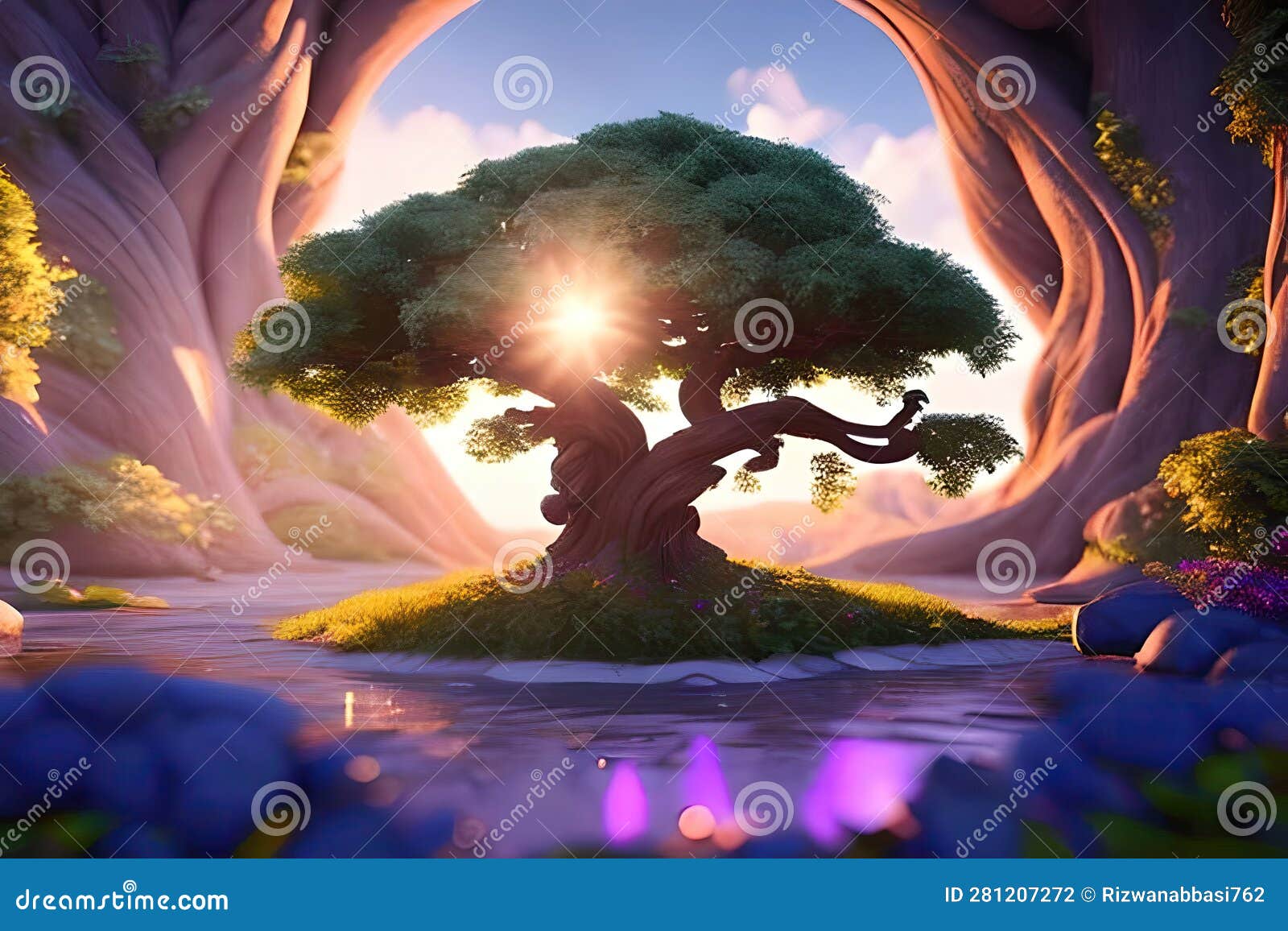 Beautiful Magic Tree with Magical Clouds and Light Stock Illustration ...