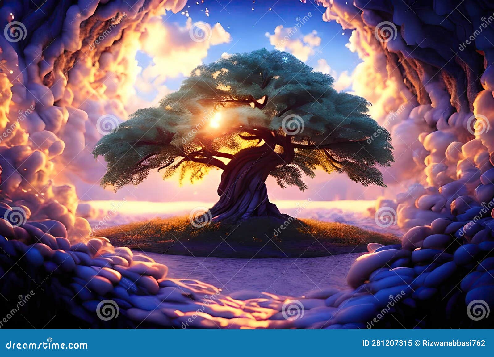 Beautiful Magic Tree with Magical Clouds and Light Stock Illustration ...