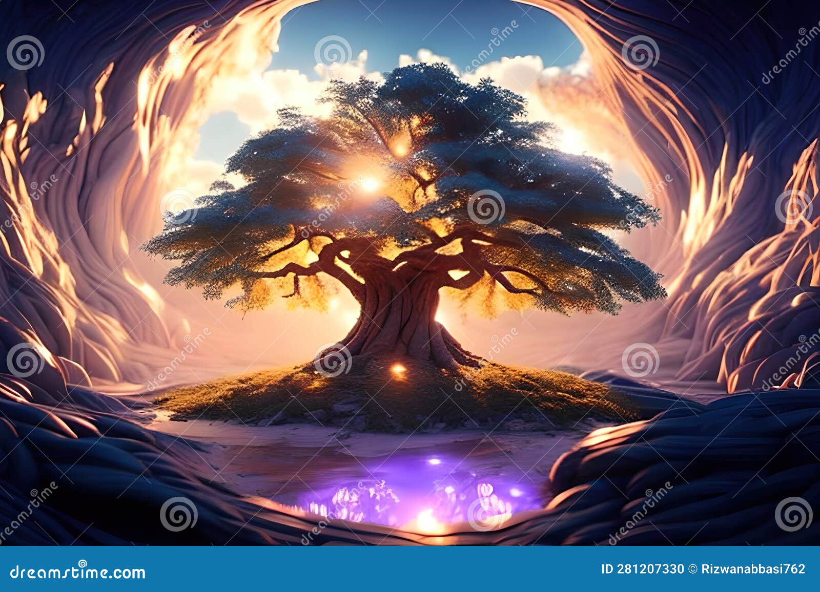 Beautiful Magic Tree with Magical Clouds and Light Stock Illustration ...