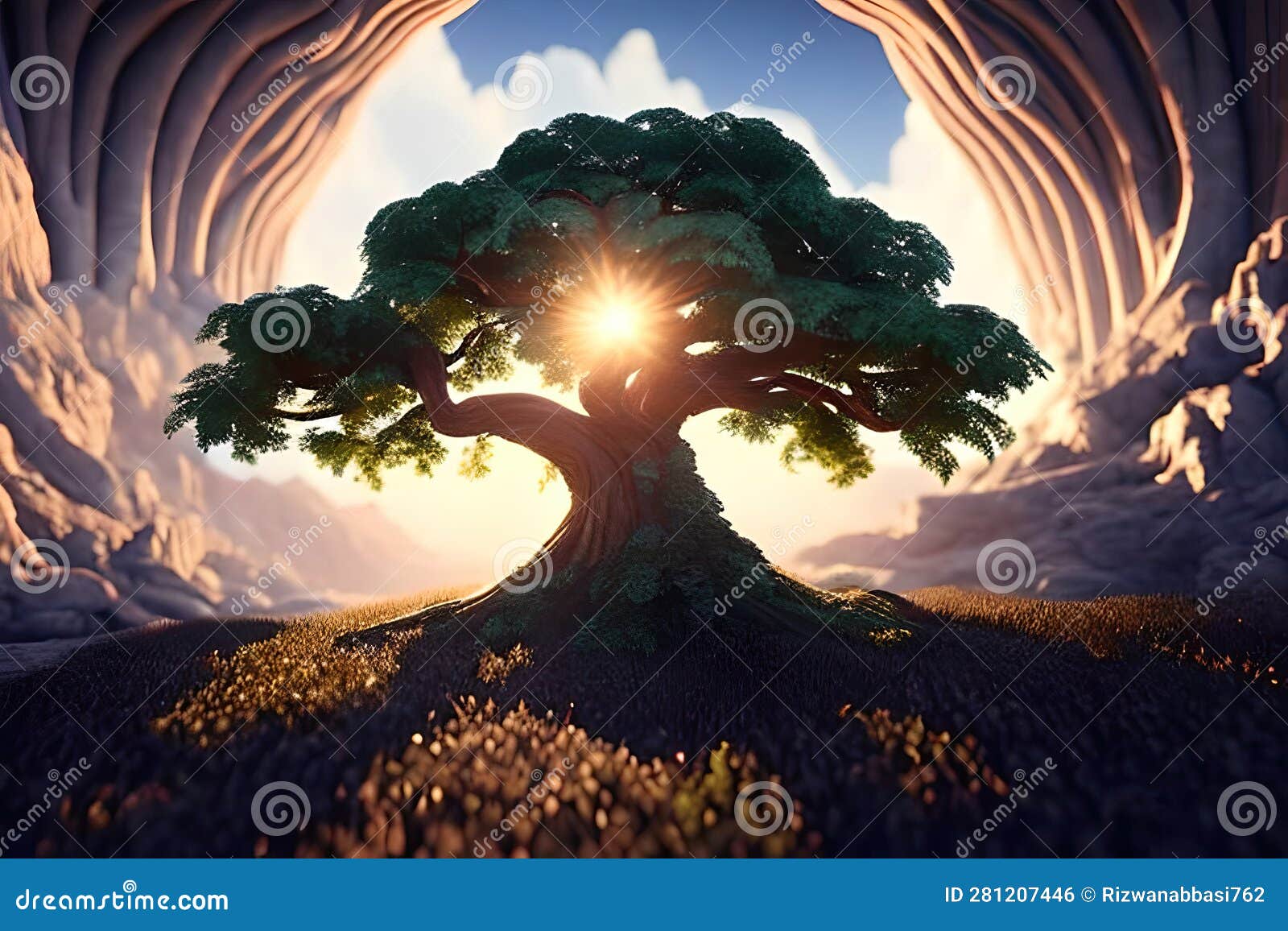 Beautiful Magic Tree with Magical Clouds and Light Stock Illustration ...