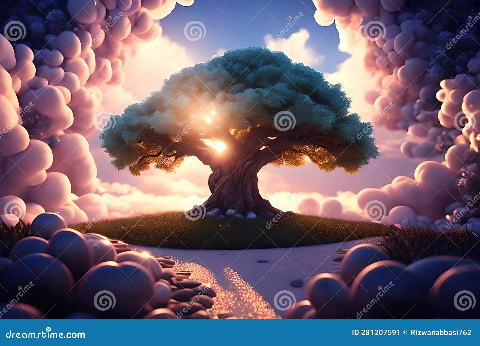Beautiful Magic Tree with Magical Clouds and Light Stock Illustration ...