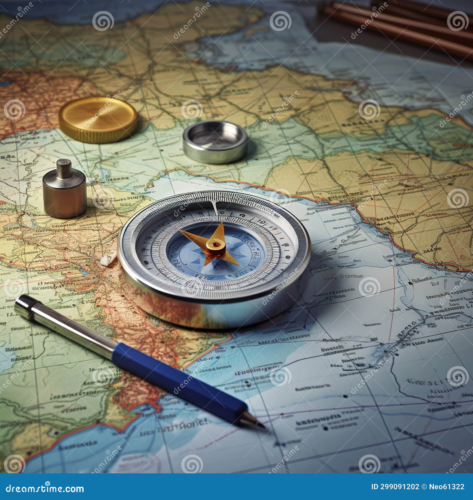 A Magnetic Compass Lies on a Weathered Map Generative AI Stock Illustration - Illustration of ...