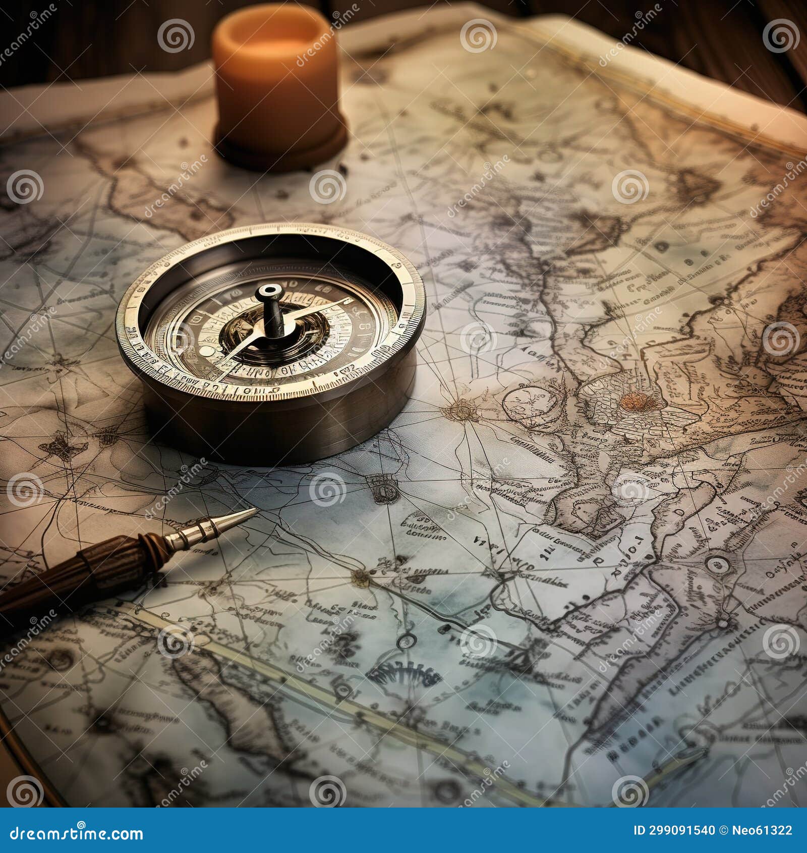 A Magnetic Compass Lies on a Weathered Map Generative AI Stock Illustration - Illustration of ...