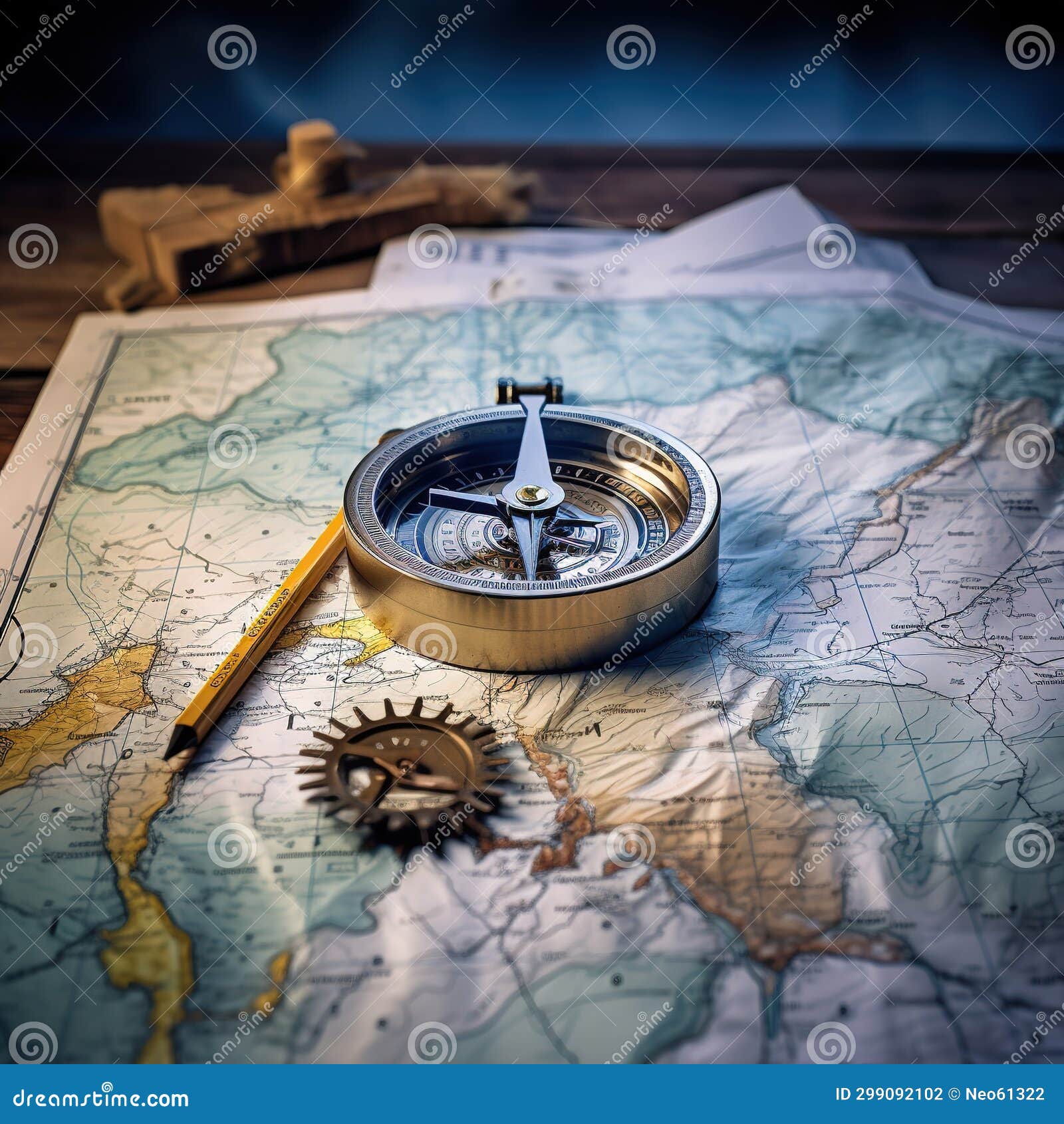 A Magnetic Compass Lies on a Weathered Map Generative AI Stock ...