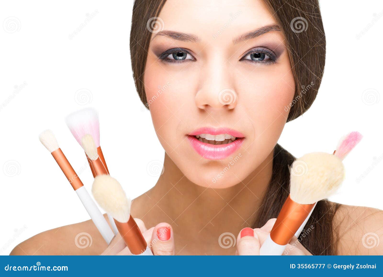 Beautiful Makeup Model with Makeup Brushes Stock Image - Image of ...