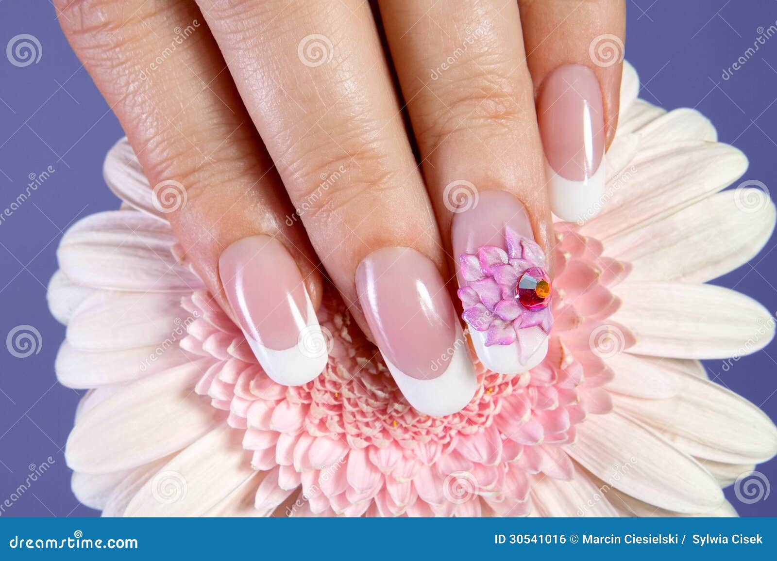 Beautiful Manicure with Flower Design Stock Photo - Image of delicate ...
