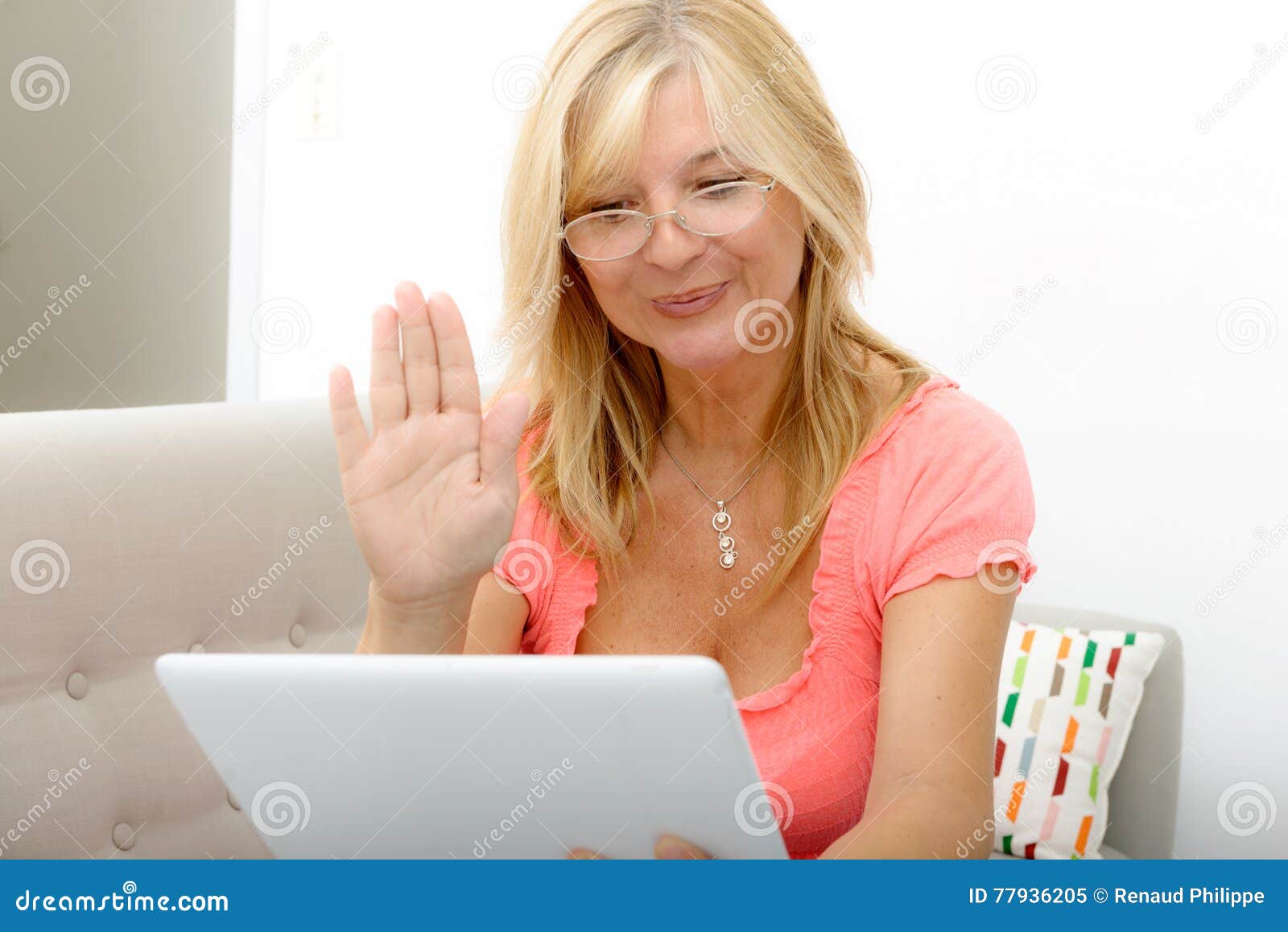 Beautiful Mature Woman Using Electronic Tablet at Home Stock Image ...