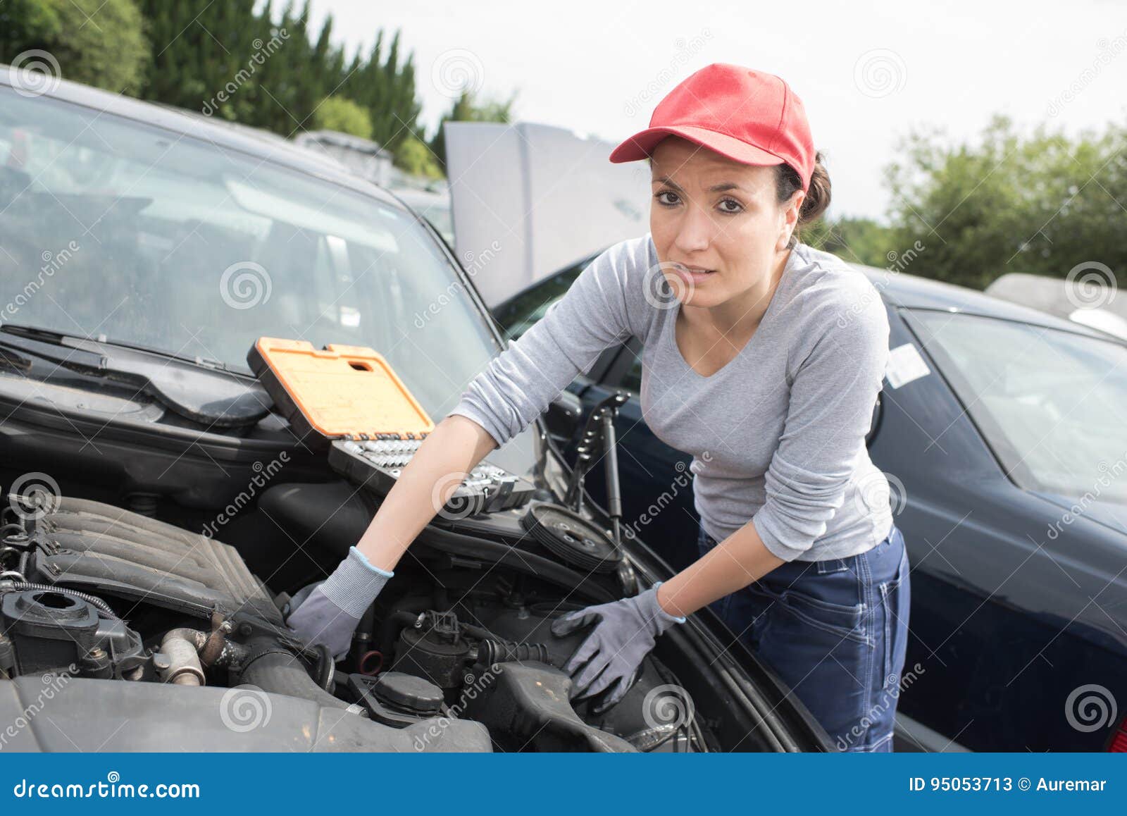 Beautiful Mechanic Woman Working on Car Stock Image - Image of manual ...