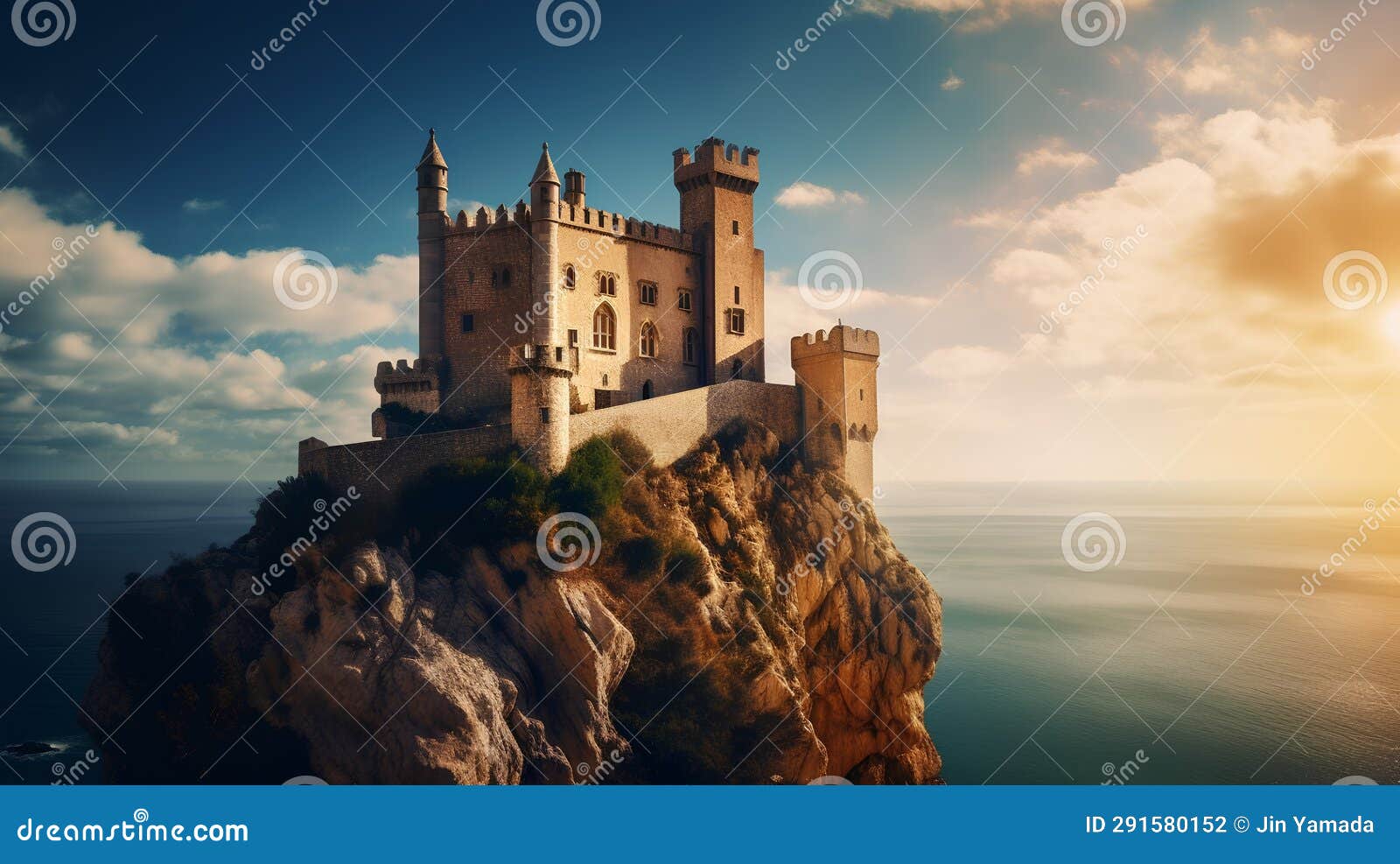 Beautiful Medieval Castle on a Cliff Over the Sea at Sunset. Stock ...