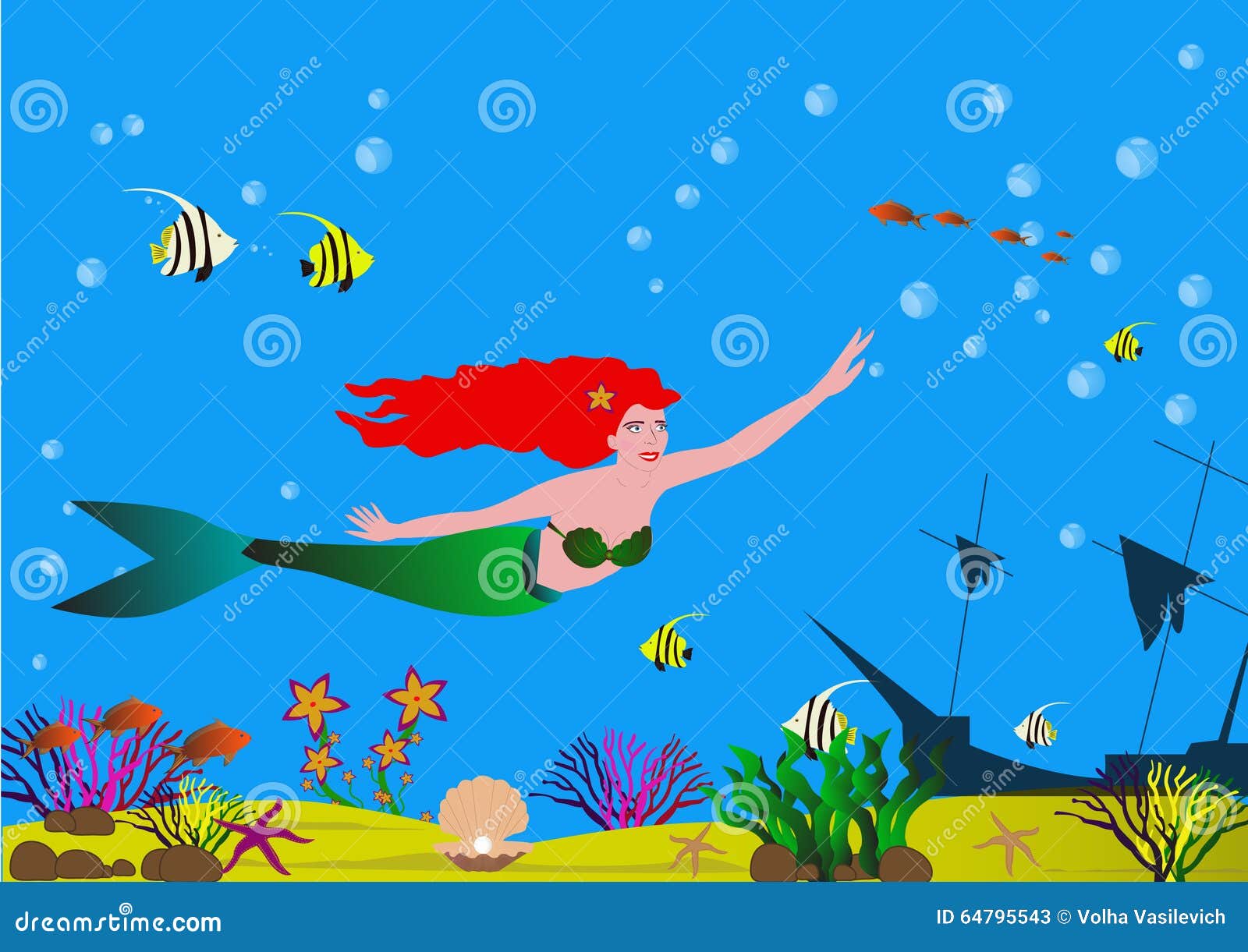Beautiful Mermaid with Red Hair in the Sea Bottom with Shells, Algae ...