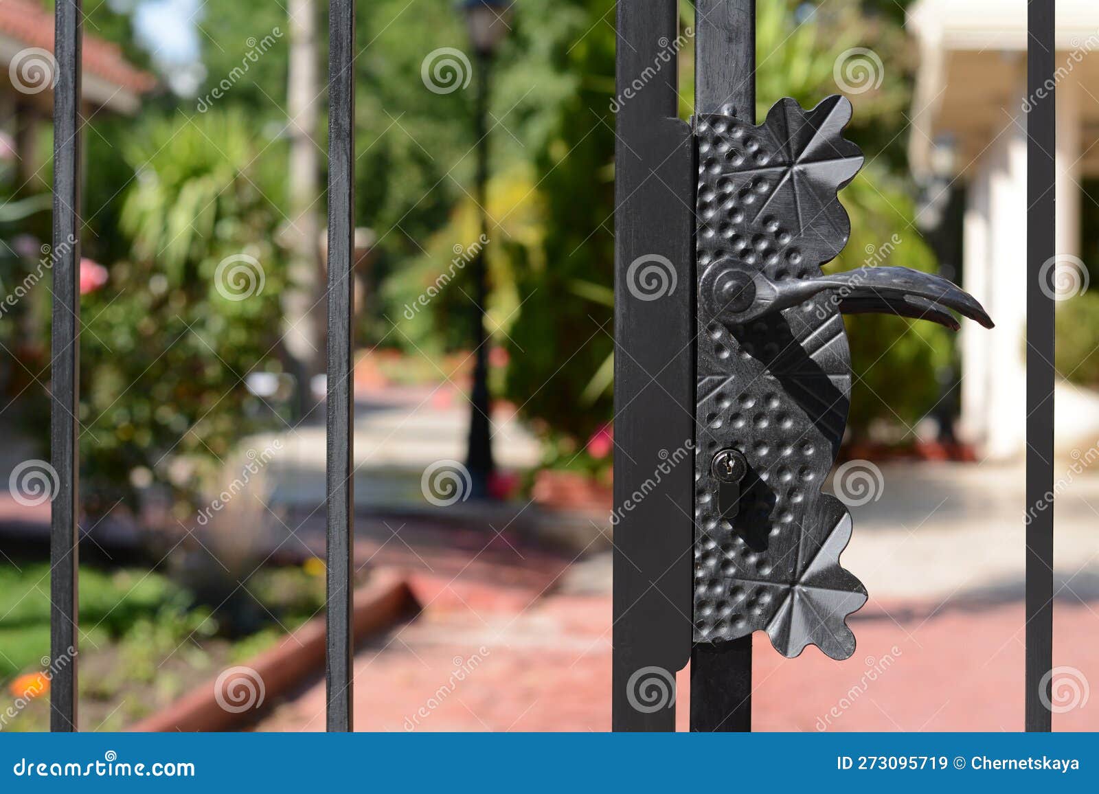 Beautiful Metal Gate Handle and Lock Outdoors on Sunny Day, Closeup ...