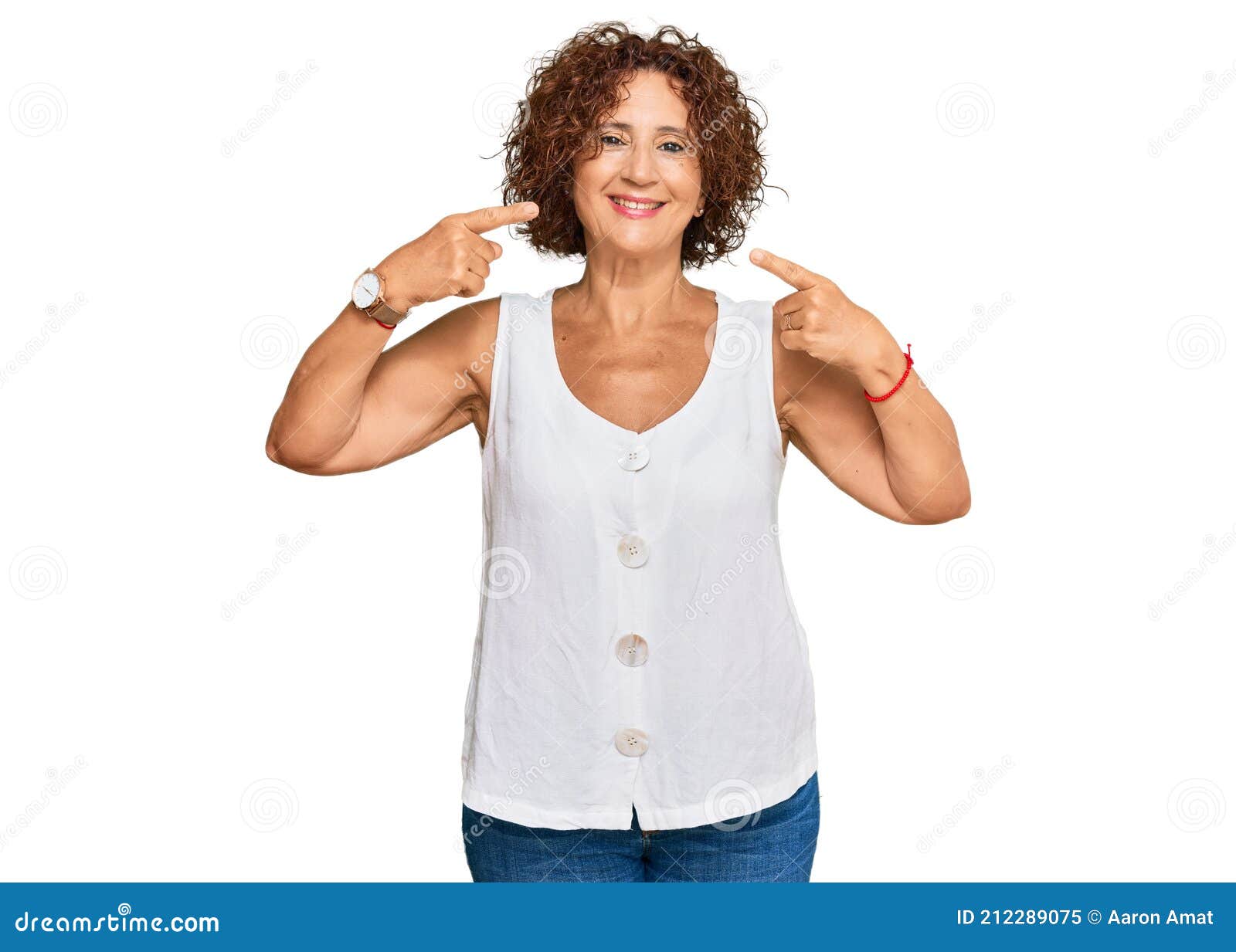 Beautiful Middle Age Mature Woman Wearing Casual White Shirt Smiling
