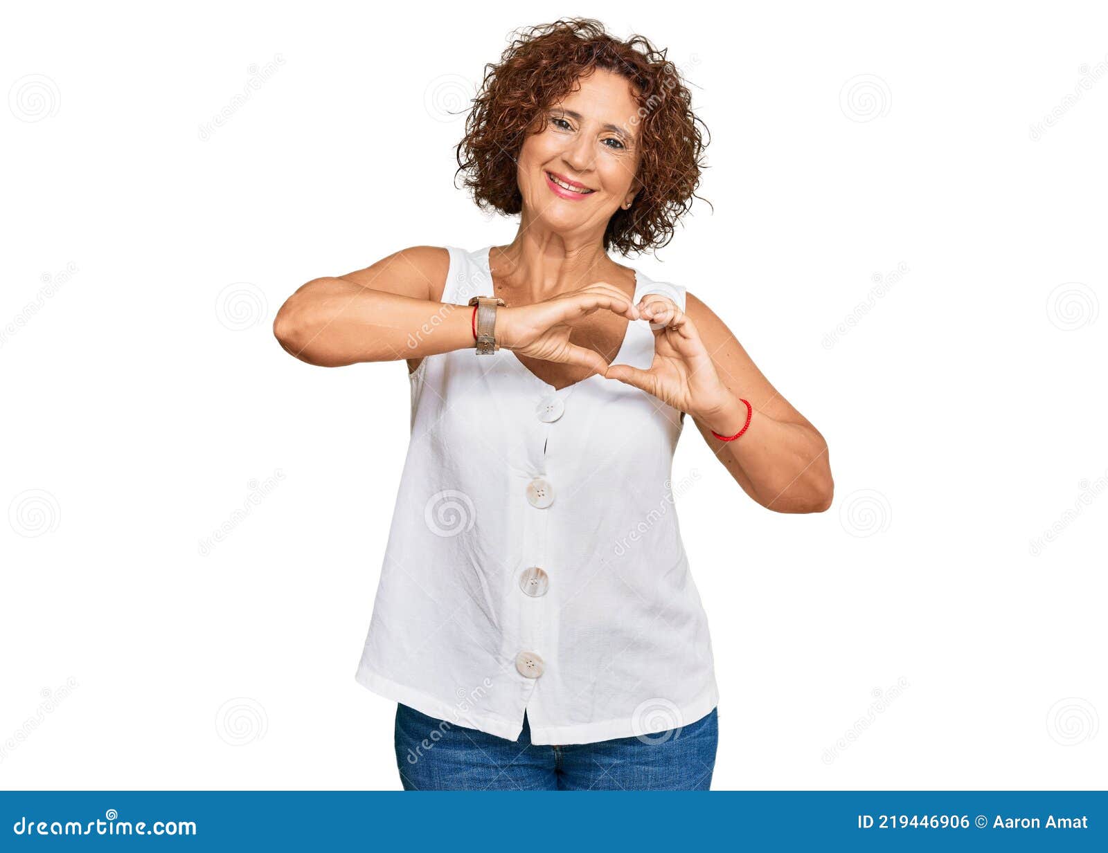 Beautiful Middle Age Mature Woman Wearing Casual White Shirt Smiling In