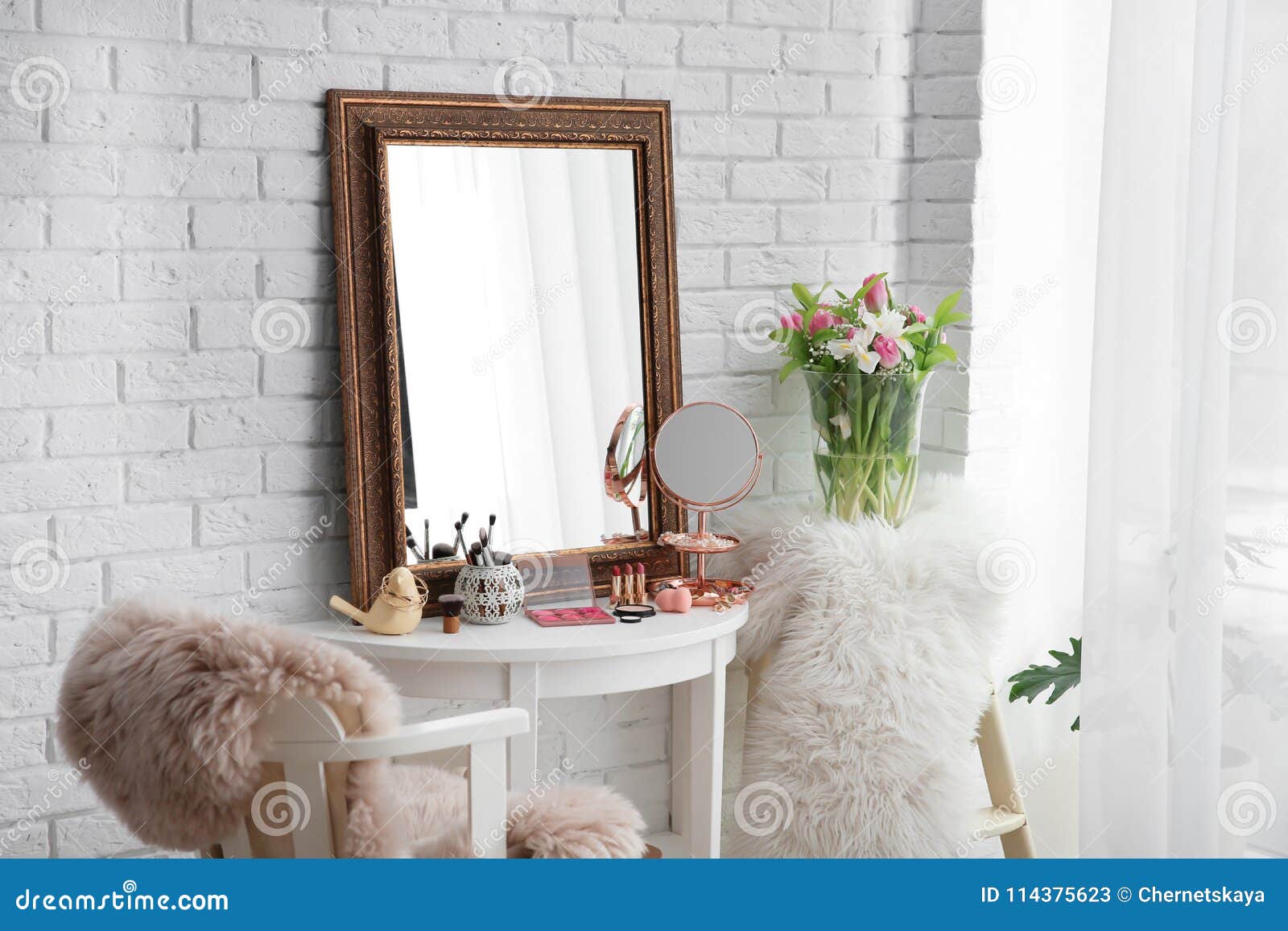 Beautiful Mirror on Table in Modern Room Stock Image - Image of element ...