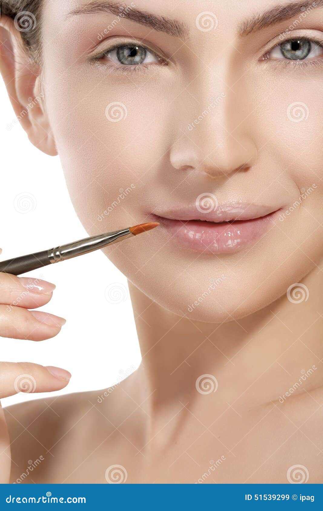 Beautiful Model Applying Lip Gloss with a Brush Stock Image - Image of ...