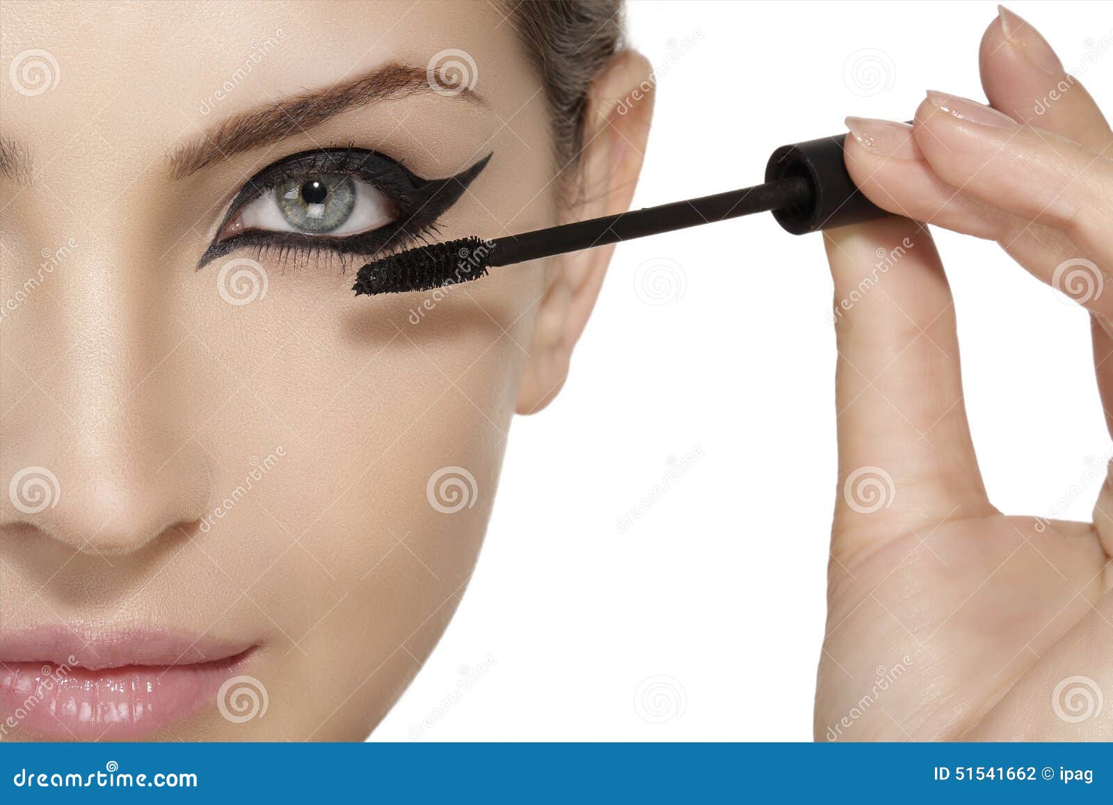 Beautiful Model Applying Mascara on Eyelashes Close Up Stock Photo ...