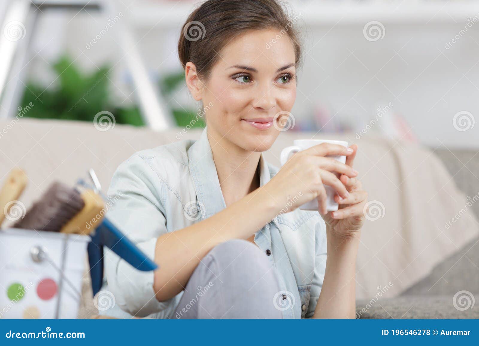 Beautiful Model with Cup Coffee Stock Photo - Image of room, cushion ...