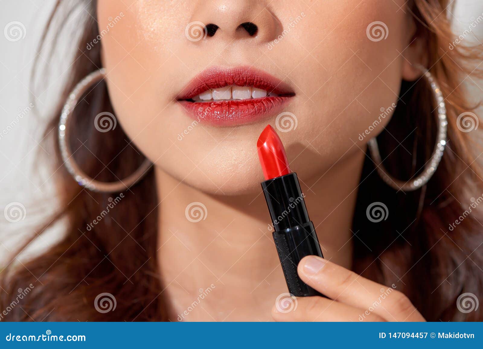 Beautiful Model Girl Holding Lipstick Stock Image - Image of health ...