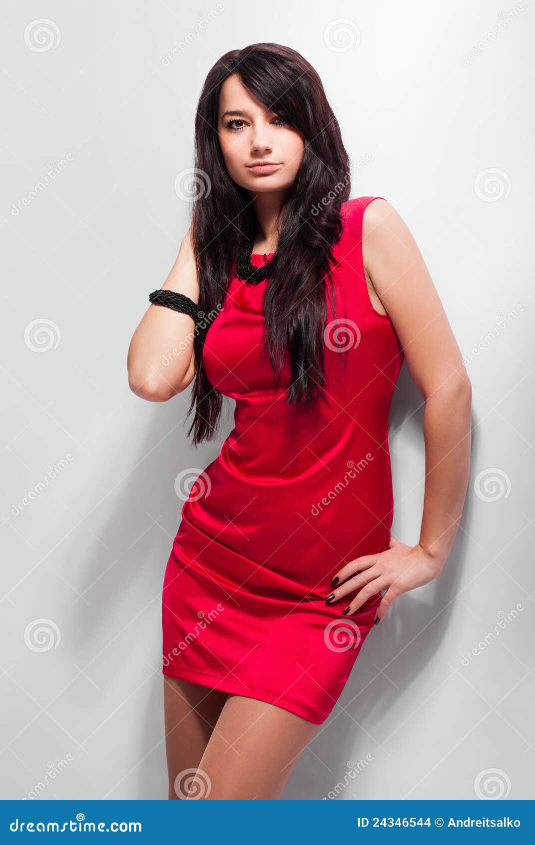 Beautiful Model In Red Dress On Grey Background Stock Photo - Image of ...
