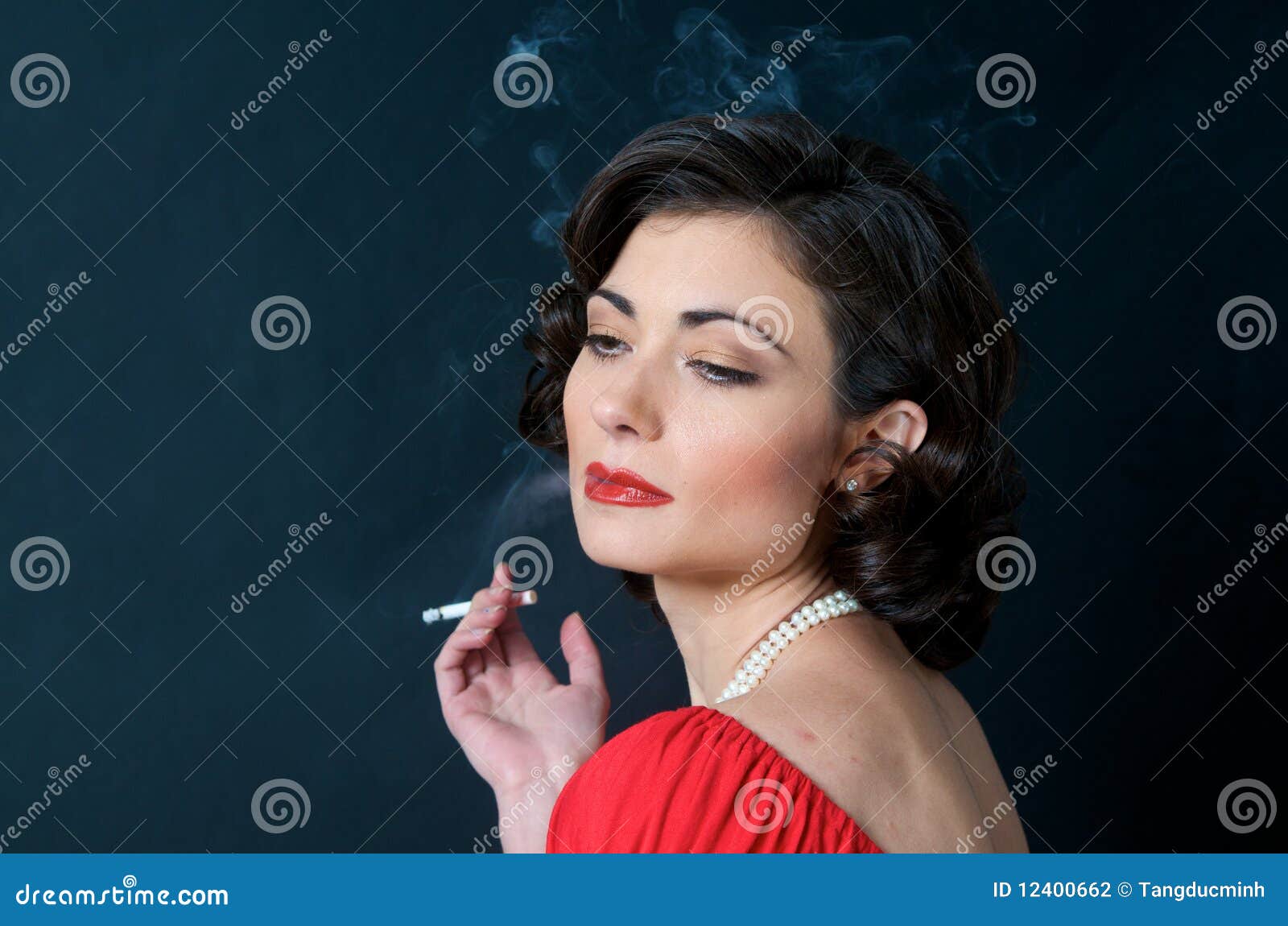Beautiful Model in Red Smoking Stock Photo - Image of looks, studio ...